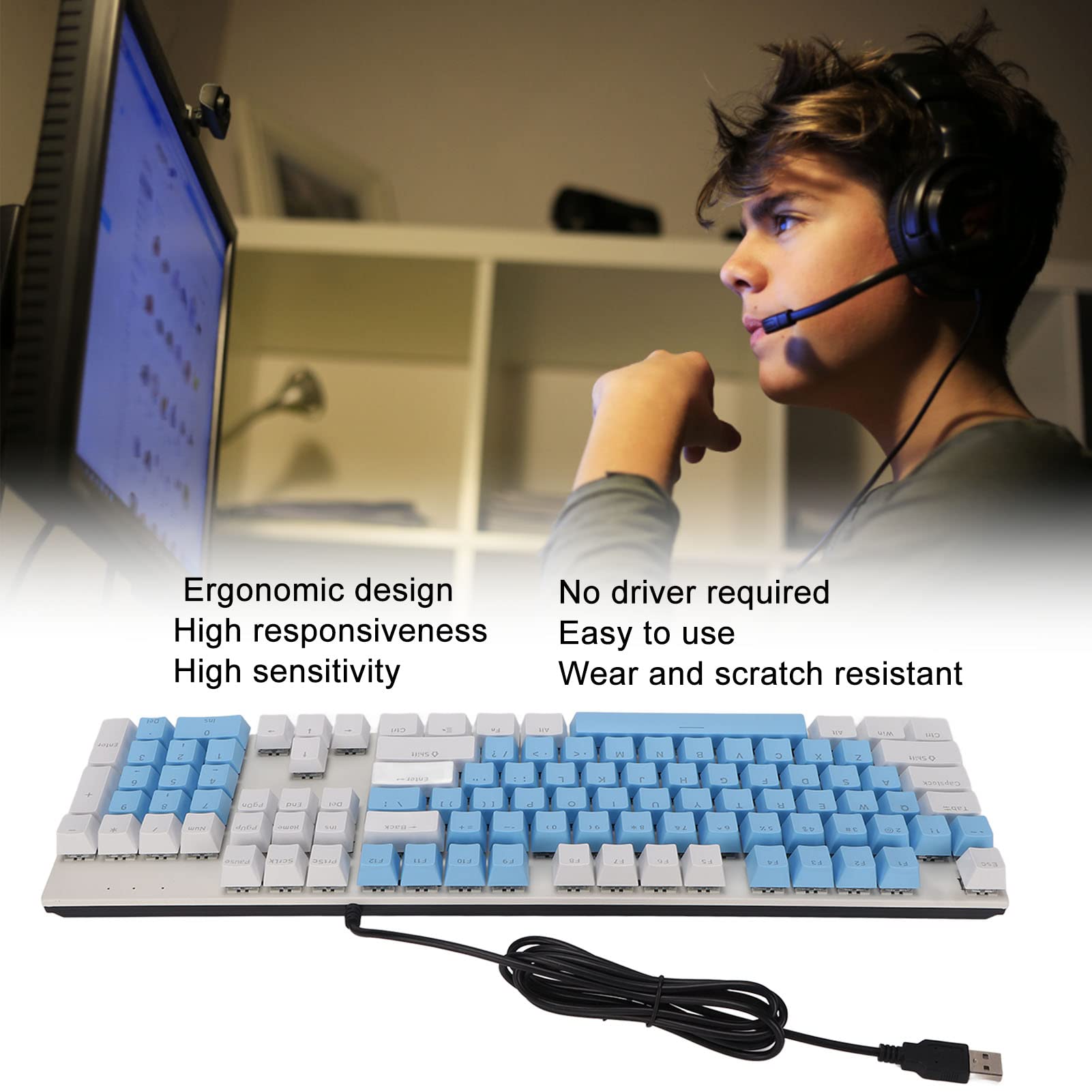 Pomya 104 Keys Gaming Mechanical Keyboard, Blue Switch RGB Scratch Resistant Gaming Keyboard for Win, Wearproof Mechanical Keyboard for PC, Notebook(White Blue)