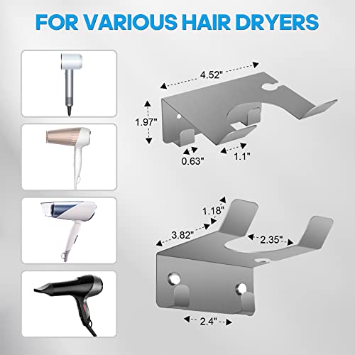 WONZON Hair Dryer Holder Wall Mount Blow Dryer Hanger Stand Rack Countertop Hair Dryer Bracket Hair Tool Organizer Storage(Silver)