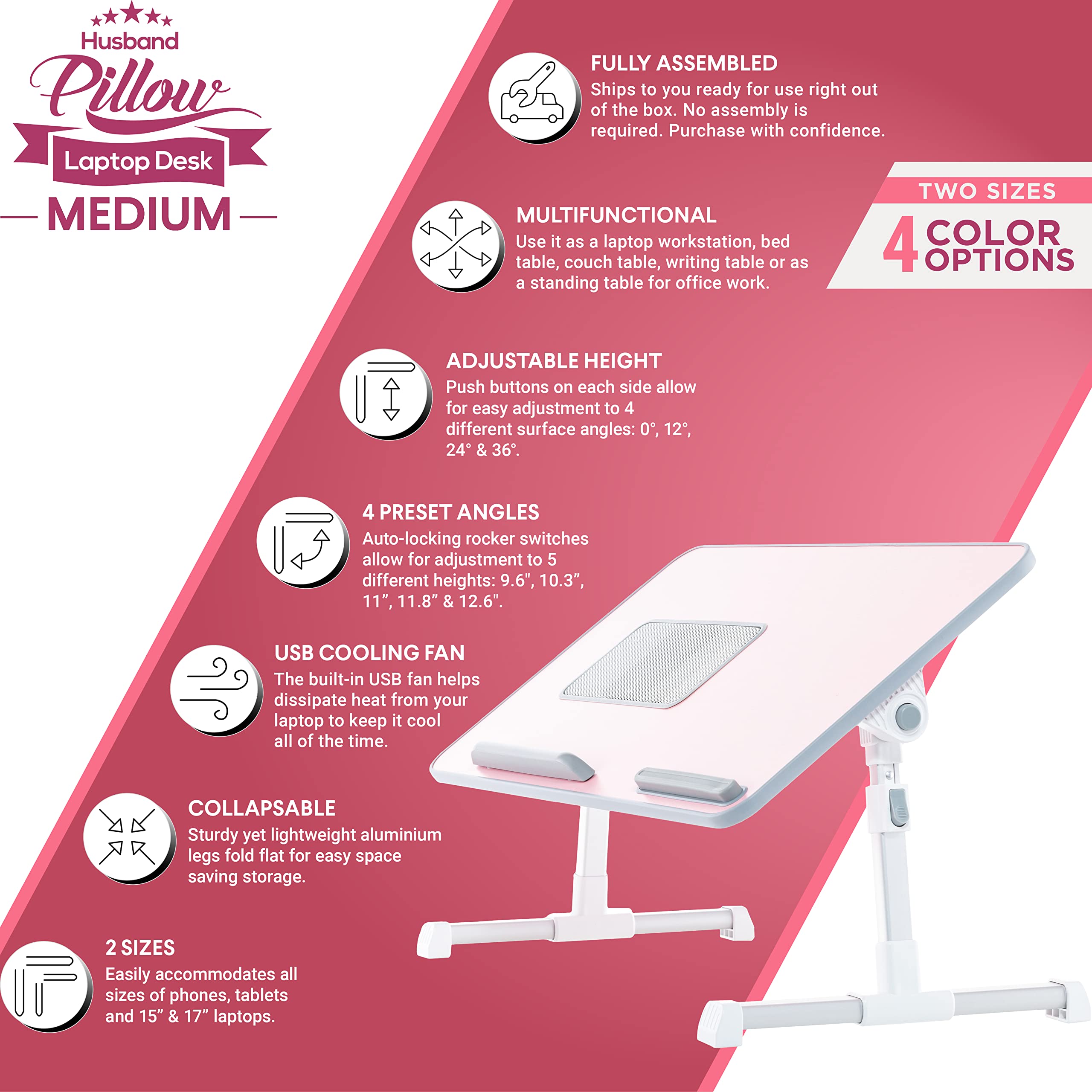 Husband Pillow Combo - Backrest Pillow with Arms : Standard Chocolate & Lap Desk Bed Tray : Pink - Memory Foam Reading Pillows for Bed & Laptop Bed Tray Table
