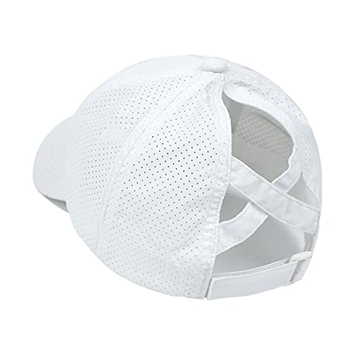 HGGE Womens Criss Cross Ponytail Baseball Cap Adjustable High Messy Bun Ponycap Trucker Hats Quick Drying Mesh Dad Hat for Outdoor Sports Travel White