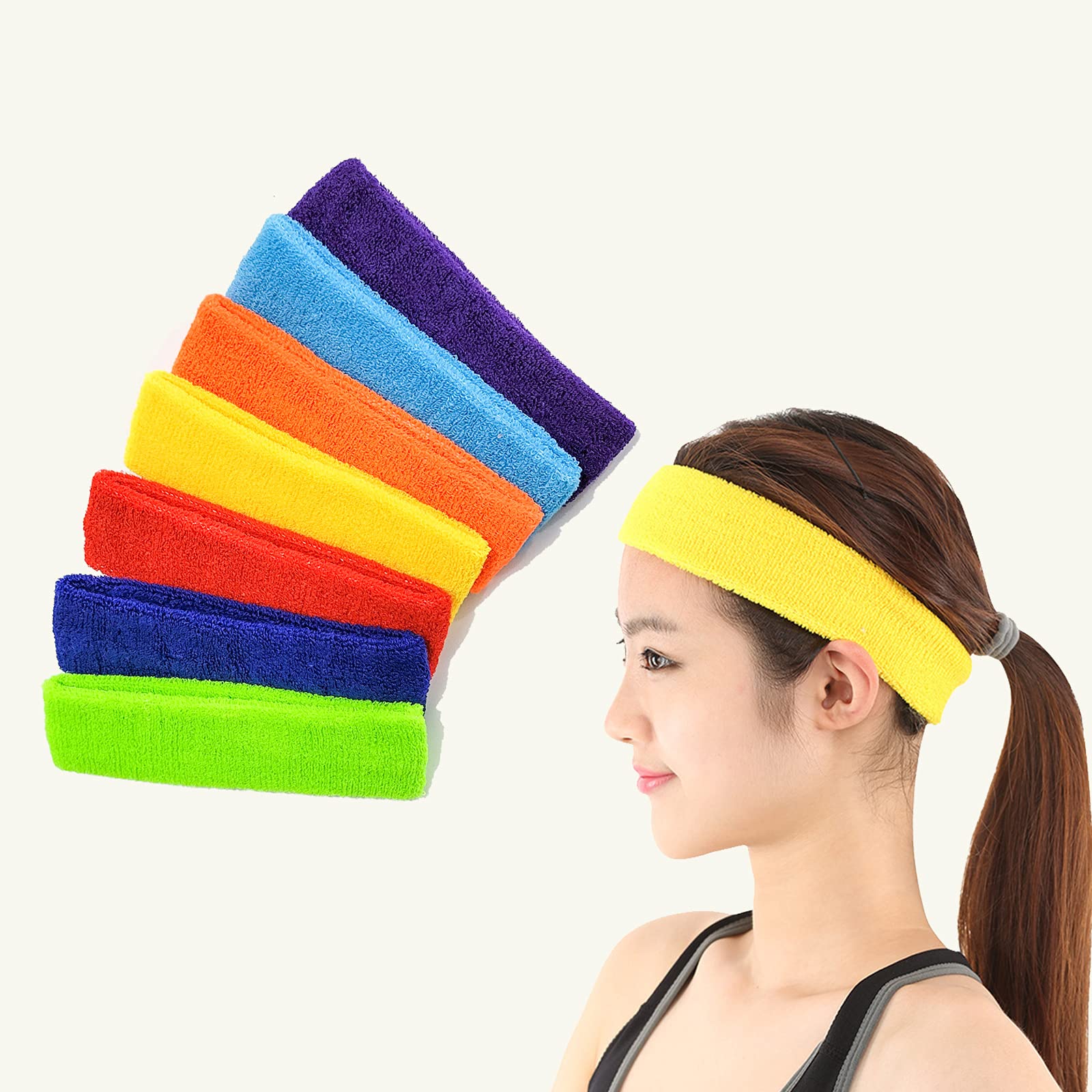 HLCM Cotton Sports Headband - 7 Colorful Sports Sweatbands, Men's Non-Slip Sweat Headbands, Girls' Yoga Headbands, Non-Slip Headbands for Running, Fitness, Gym Exercises