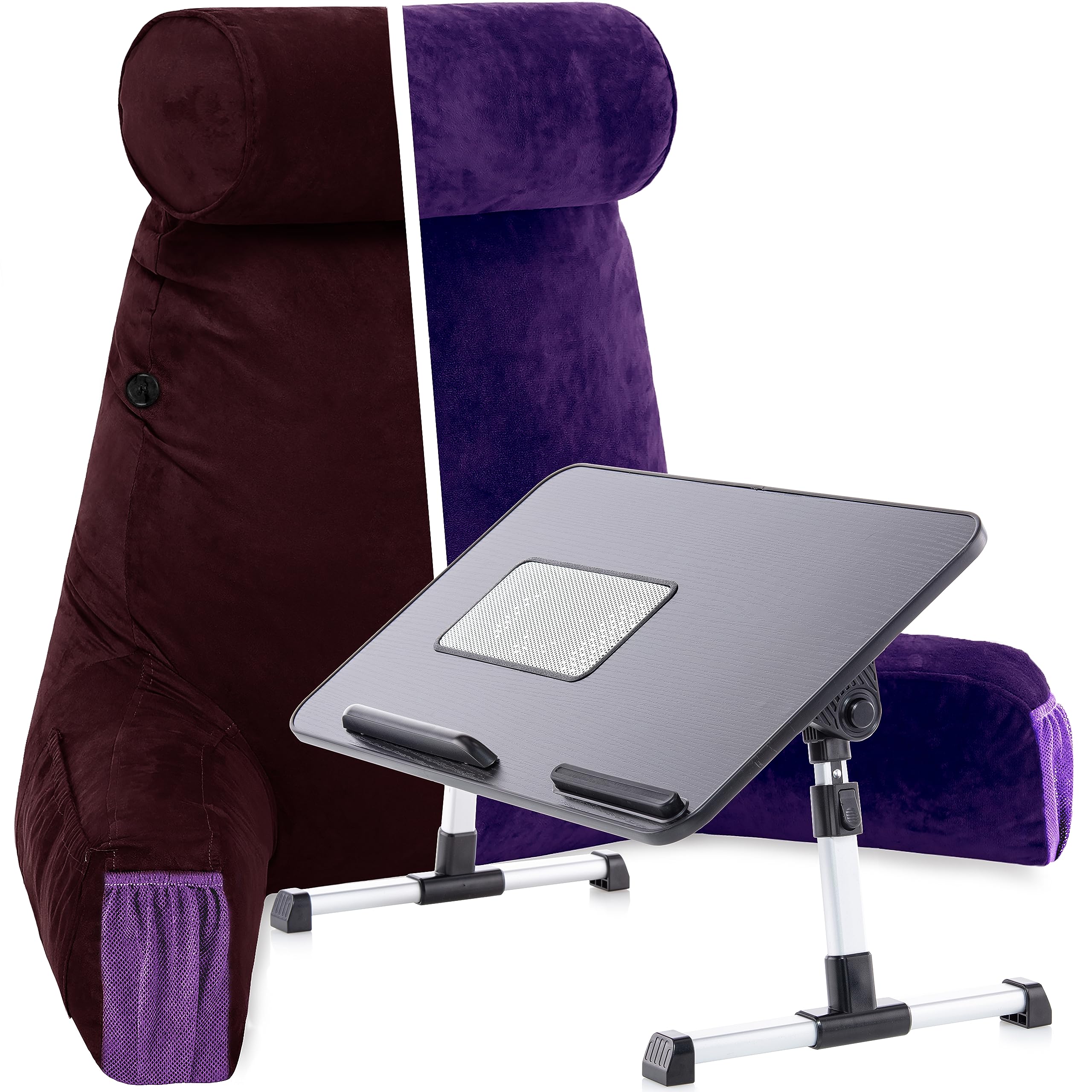 Husband Pillow Combo - Backrest Pillow with Arms : Medium Mauve Purple & Lap Desk Bed Tray : XXL Black - Aspen Memory Foam Reading Pillows for Bed w/Removable Neck Roll & Laptop Bed Tray Table