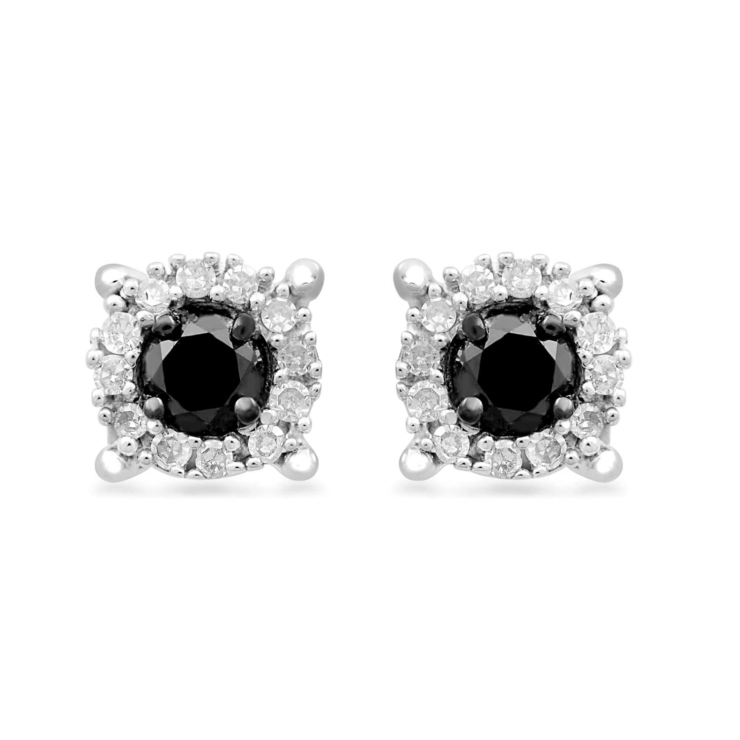 Jewelili Stud Earrings with Treated Black and Natural Round White Diamonds 1/4 Cttw in Sterling Silver
