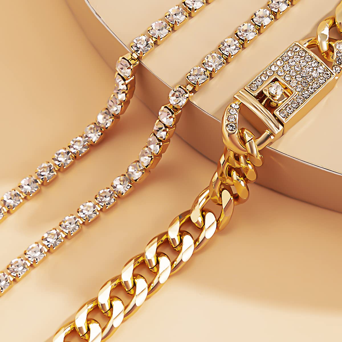 Impurain Bling Tennis Anklet Bracelet for Women Layered Link Chain Anklet Beach Shiny Rhinestone Ankle Jewelry (3-layer Gold)