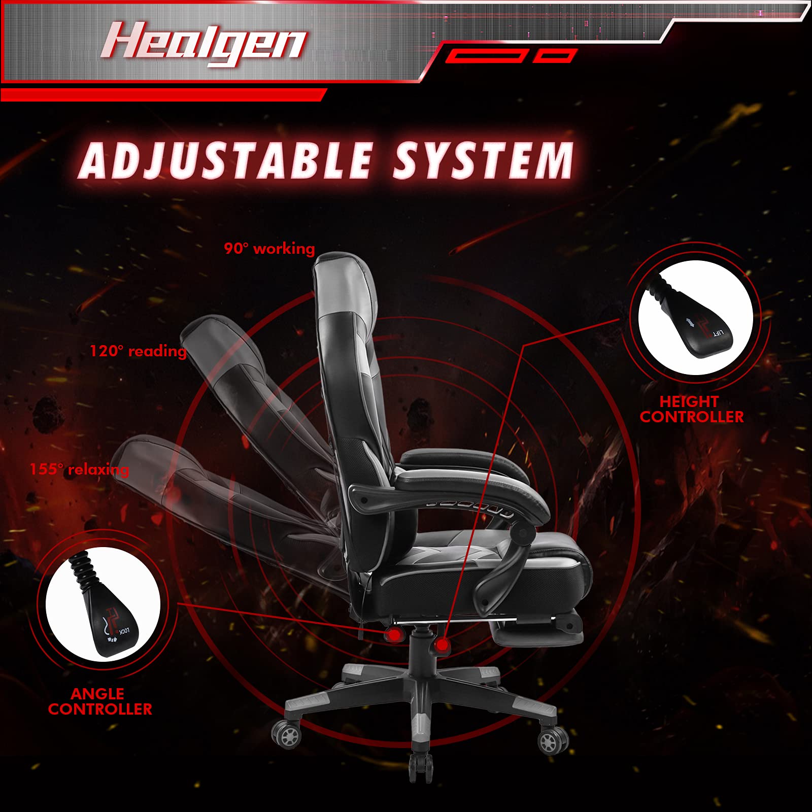 HEALGEN Reclining Gaming Chair with Adjustable Massage Lumbar Pillow and Footrest- Memory Foam PC Computer Racing Chair - Ergonomic High-Back Desk Office Chair (9015GREY)