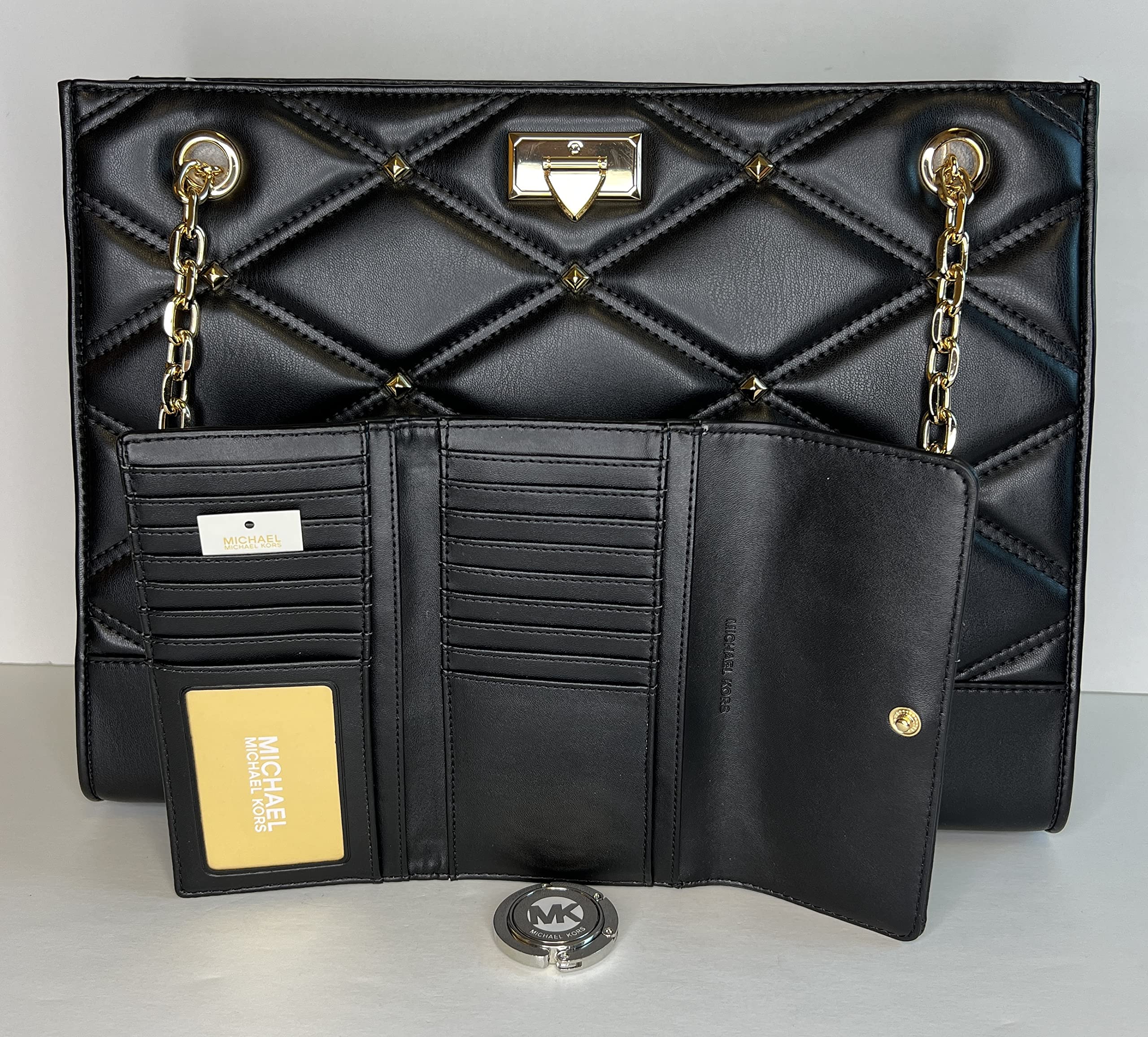 Michael Kors Serena LG EW Chain Shoulder Tote bundled with Trifold Wallet and Purse Hook (Black)