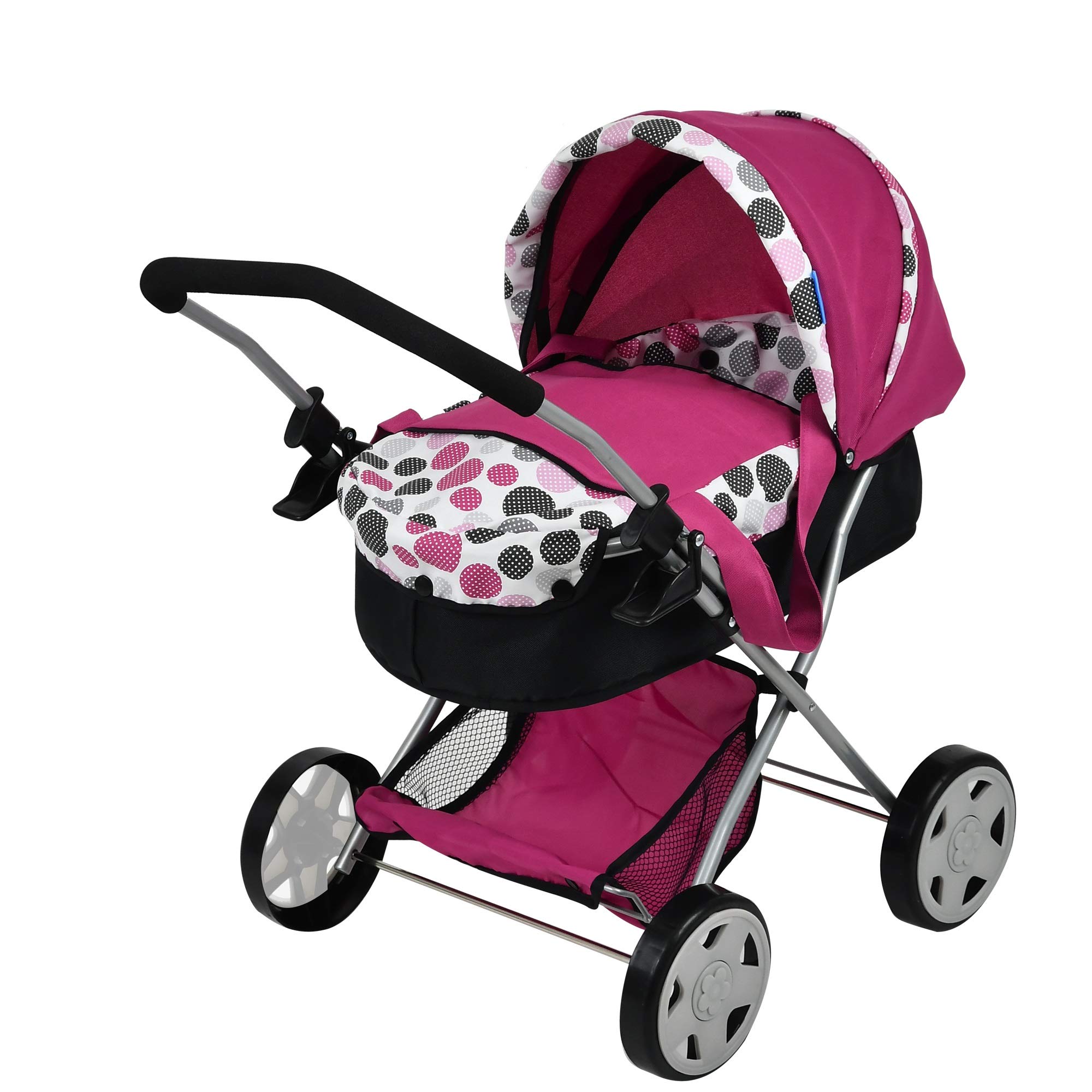 Hauck Pink Dot Doll Pram with Retractable Large Canopy, Shopping Basket & Removable Carry Cot, converts to a Bed