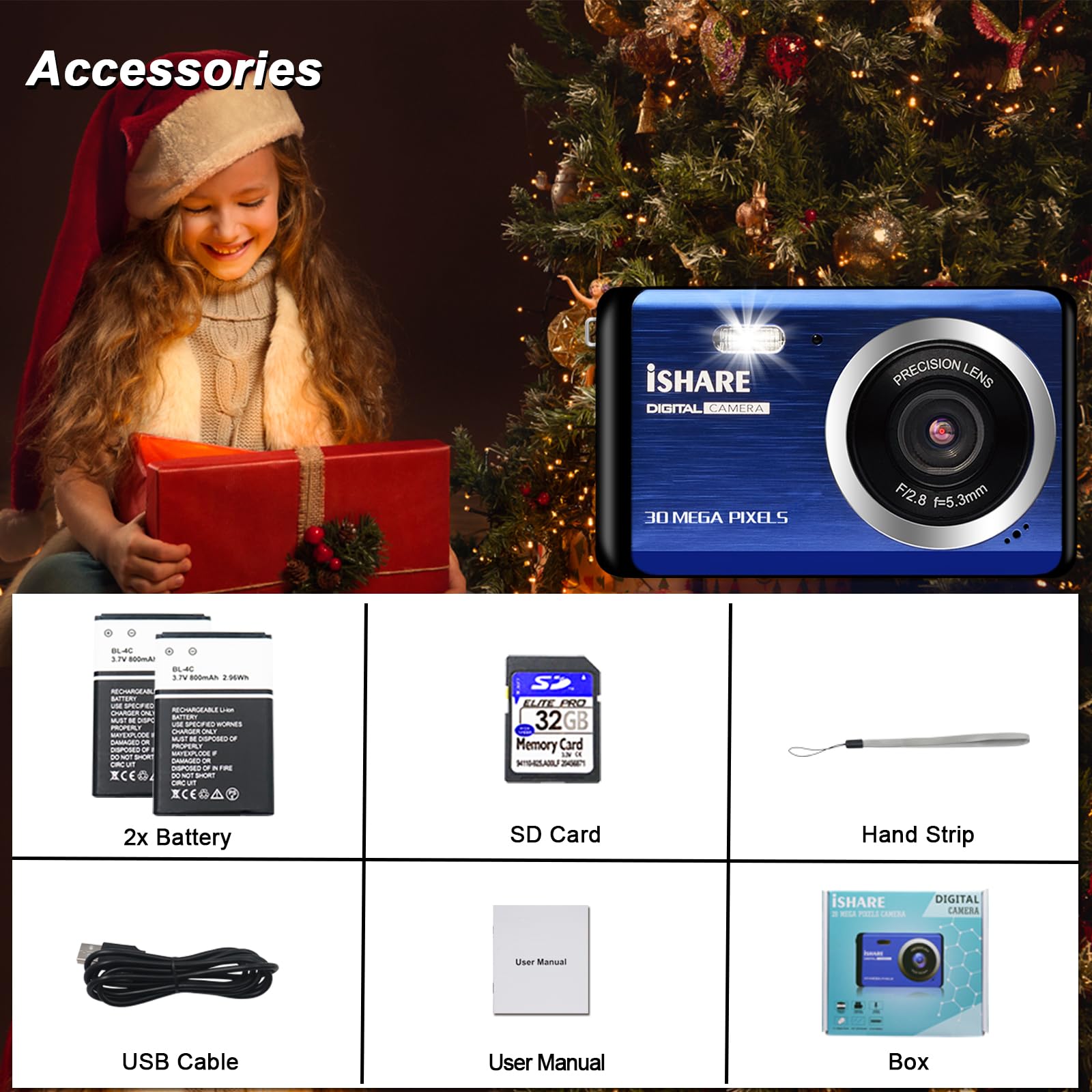 ISHARE Digital Camera for Photography, Rechargeable 30MP Point and Shoot Camera with 2.8" LCD 18X Digital Zoom for Kids Teens Elders(32GB Card & 2*Battery)