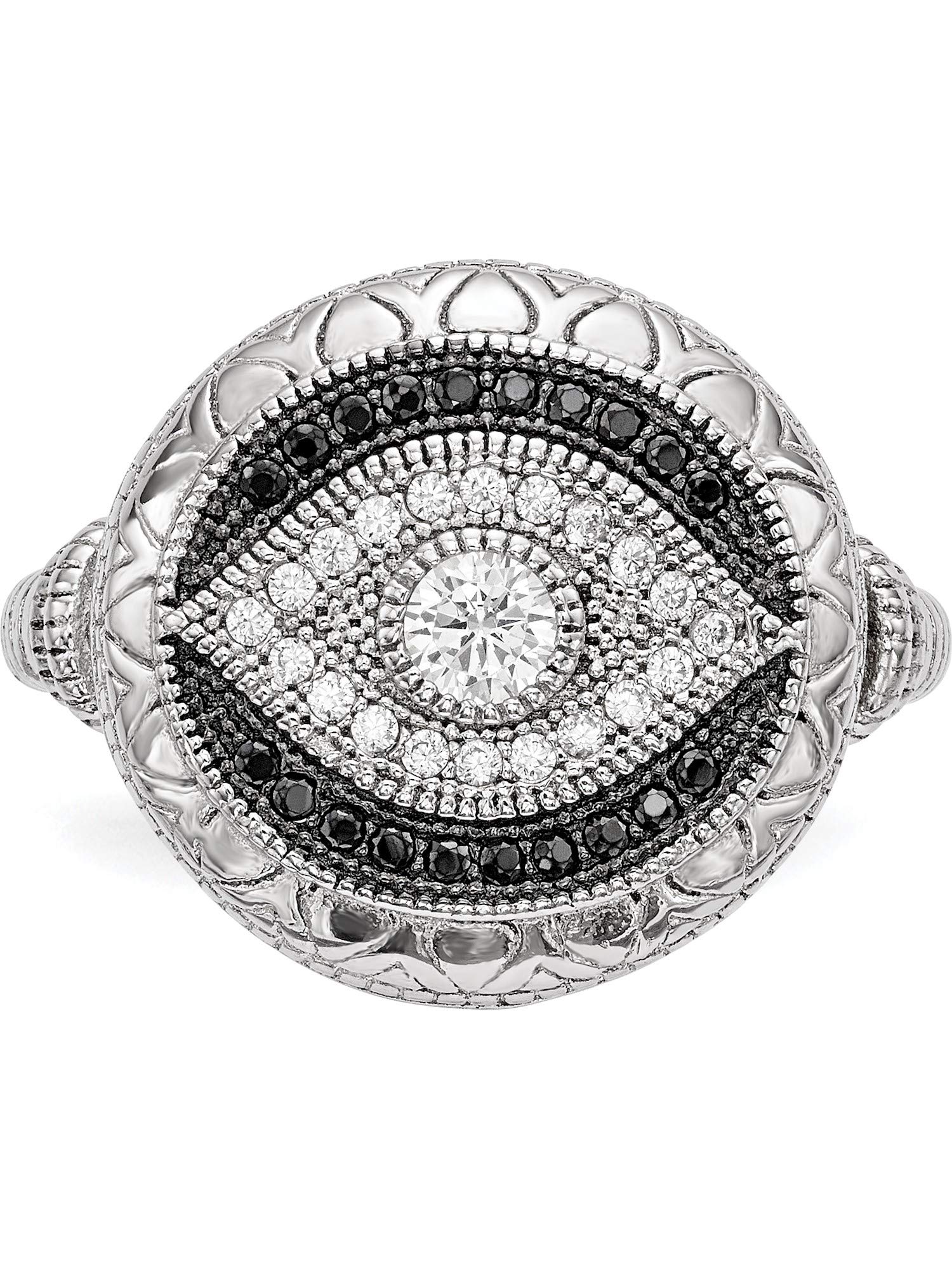 Jewelry By Sweet Pea Sterling Silver Rhodium-Plated Black And White Cz Evil Eye Ring
