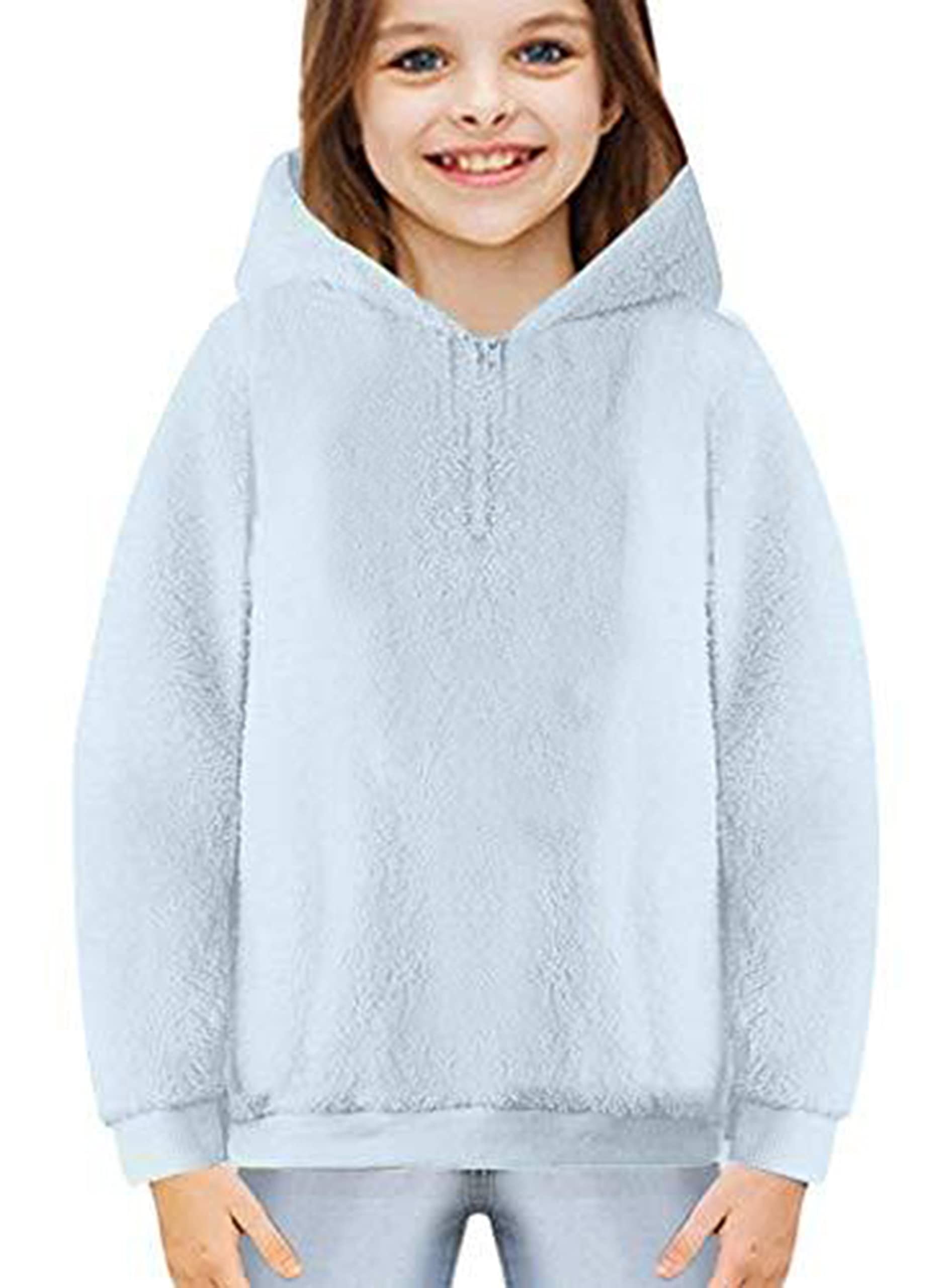 HMBEIXYP Girl's Polar Fleece Sherpa Pullover Fuzzy Fleece Sweatshirt Hoodie with Pockets Blue 140CM
