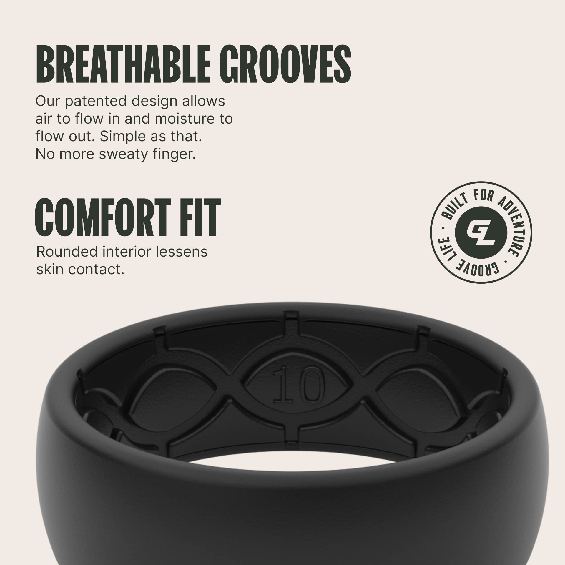 Groove Life Solid Black/Black Ring - Breathable Silicone Wedding Rings for Men, Lifetime Coverage, Unique Design, Comfort Fit Ring - Size 10