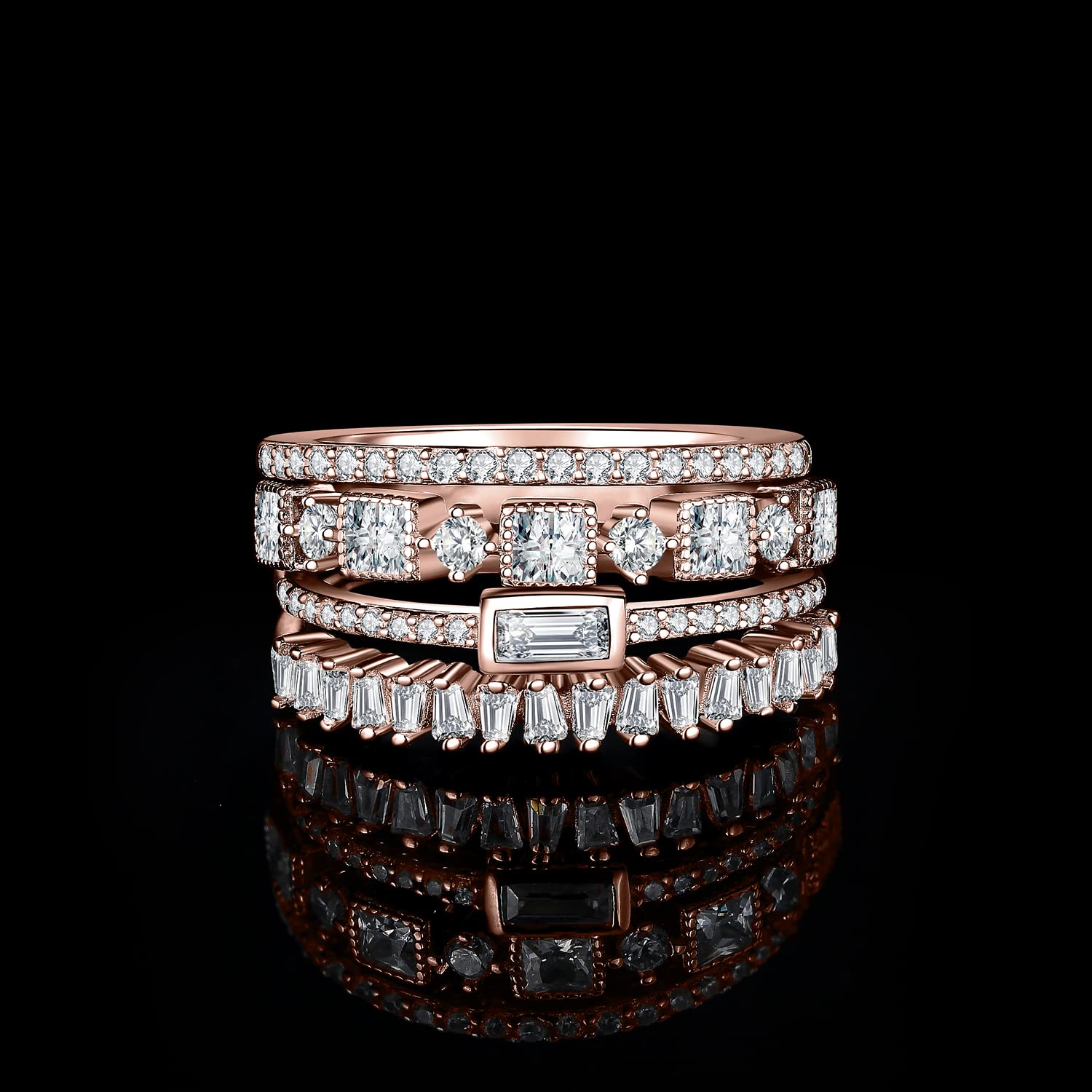 JewelryPalace Princess Emerald Cut CZ Stackable Wedding Ring Eternity Bands for Women, Cubic Zirconia 925 Sterling Silver 14K Rose Gold Plated Promise Ring for Her, 4pc Anniversary Ring Sets Size 8