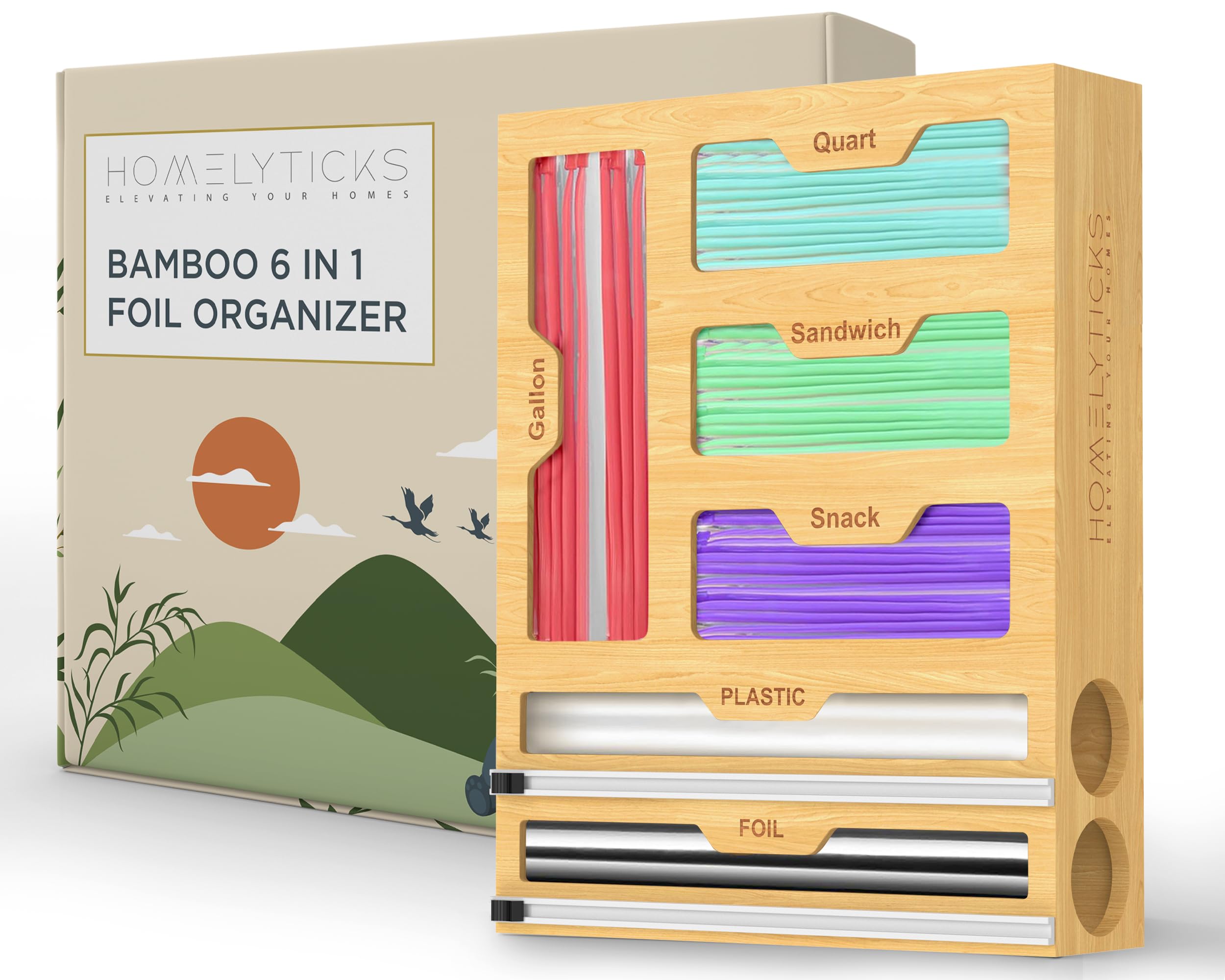 HOMELYTICKS Bamboo Storage Bag Organizer & Plastic Wrap Dispenser with Cutter -6-in-1 Kitchen Drawer Organizer for Foil and Plastic Wrap, Food Storage Bag Organizer - Sandwich, Quart, Gallon & Snack