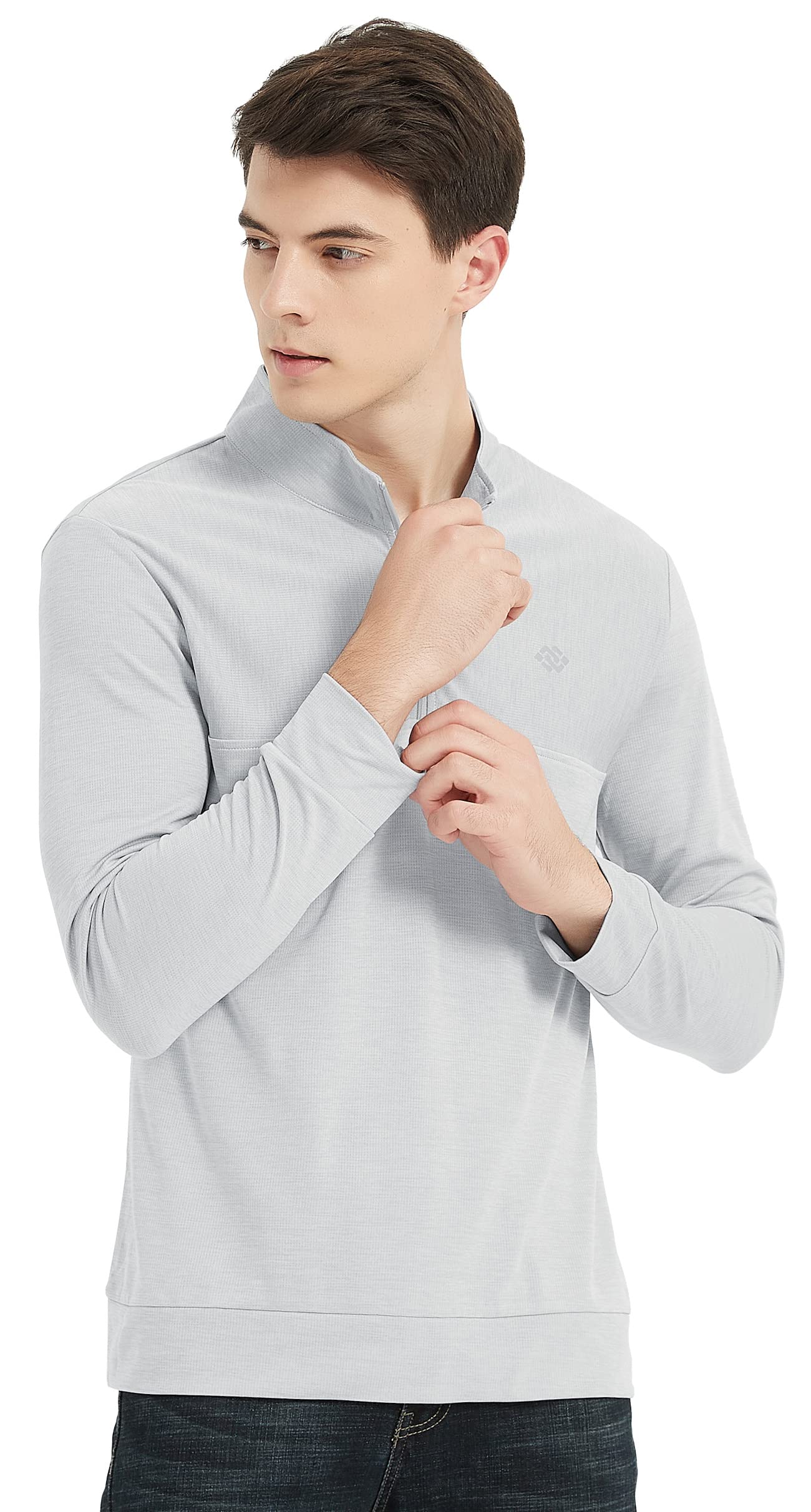 JINSHI Men Golf Shirt Long Sleeve Pullover Top Active Workout Sweatshirt Running Polo Shirt Light Grey,L