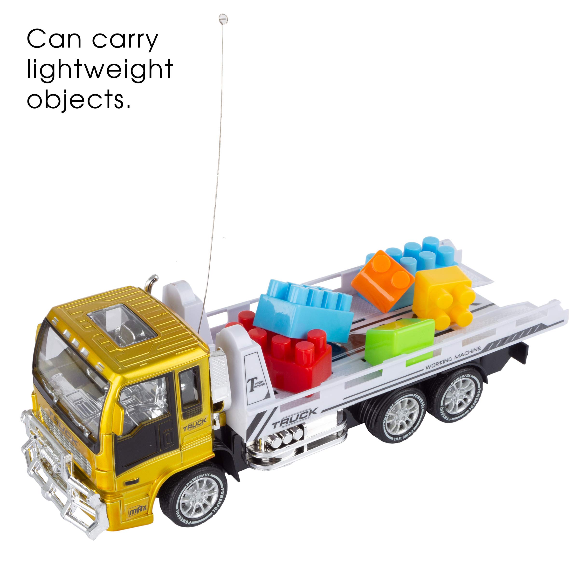Hey! Play! Remote Control Flatbed Truck– 4 Channel Fully Functional RC Tractor Trailer with Lights and Sound, Transporting Toy for Kids