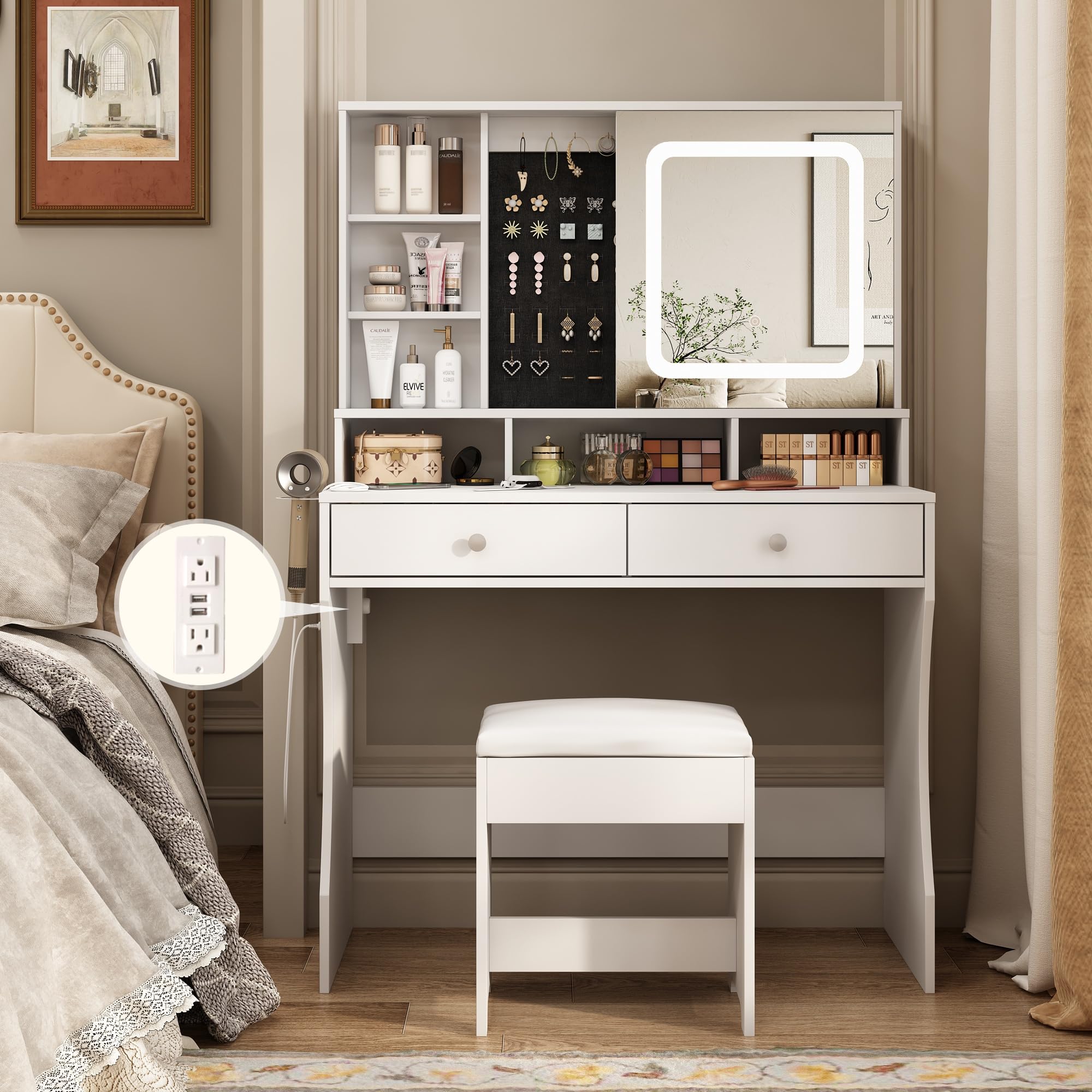 Makeup Vanity Desk with Lights, Vanity Mirror with Lights Desk and Chair, White Vanity with Lighted Mirror & Sliding Mirror & Power Outlet, Dressing Table with Mirror, 3 Color Modes, Bedroom