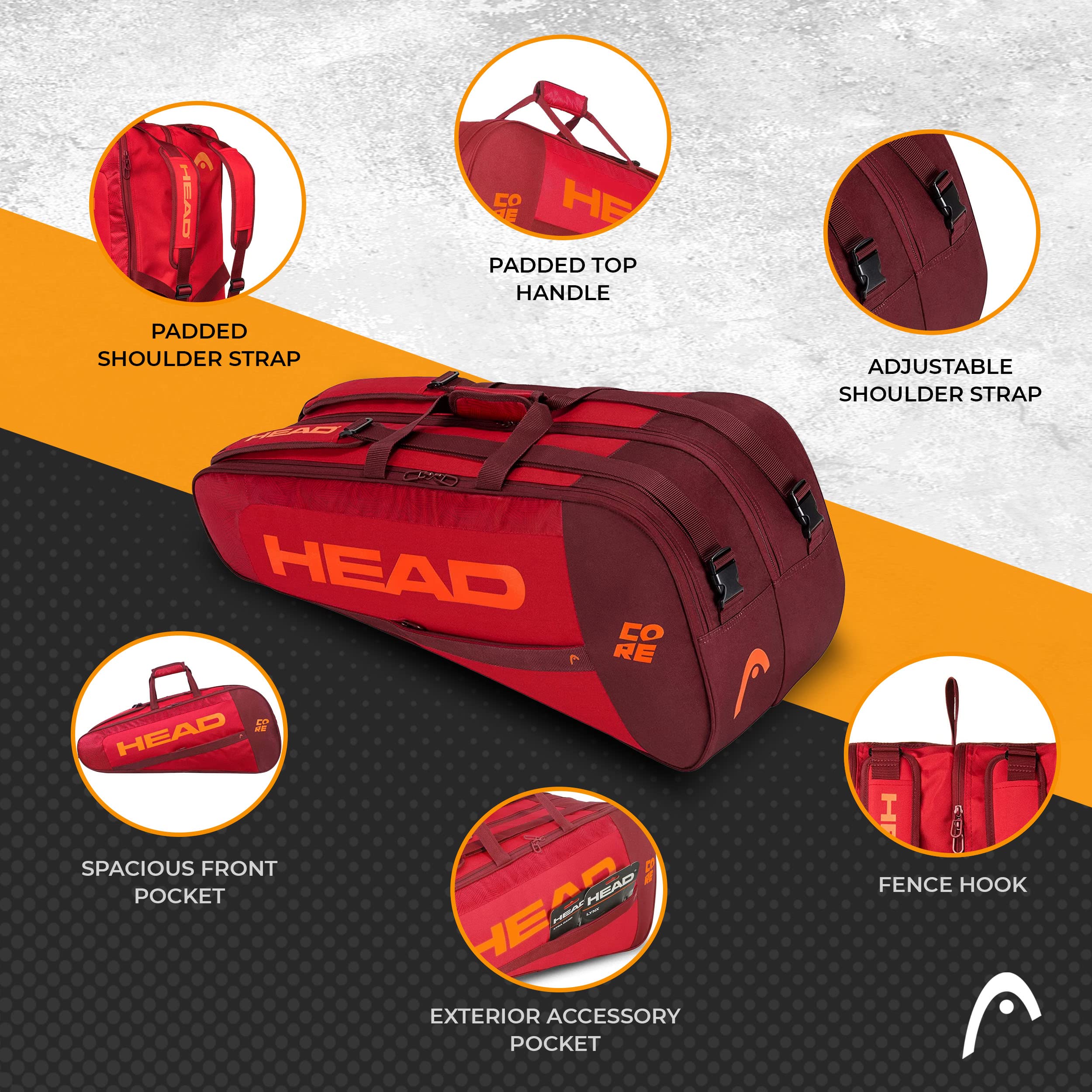 HEAD Core 6R Combi Tennis Racquet Bag - 6 Racket Tennis Equipment Duffle Bag,Black/Grey