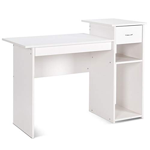 Home Office Bedroom Dorm Living Room Classic Furniture Decor Computer Writing Table Laptop CPU Multifunction Desk with Shelf and Drawer Sturdy White Wood Large Capacity Storage Easy Assembly