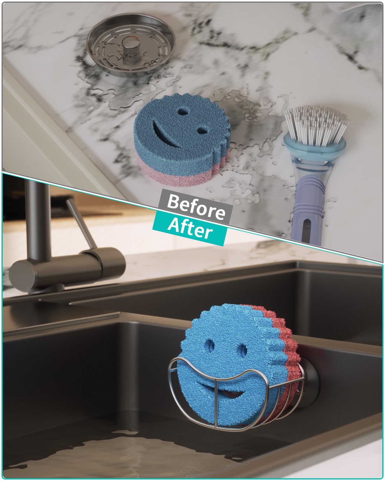 HapiRm Smiley Face Sponge Holder for Kitchen Sink, Two Installation Ways Sink Caddy with Suction Cups & Adhesive Hook, Polished Rustproof Stainless Steel Sink Sponge Holder-Silver
