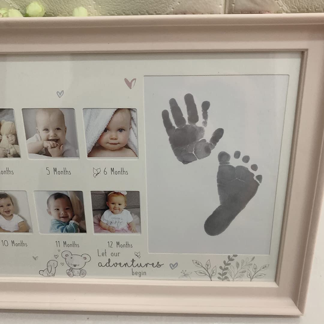 Moteizho Baby Prints New Born Keepsake Frame 12 Month Picture Frame Milestone Photo Frame Footprint HandPrint Kit 15"x8"x1" (Pink)