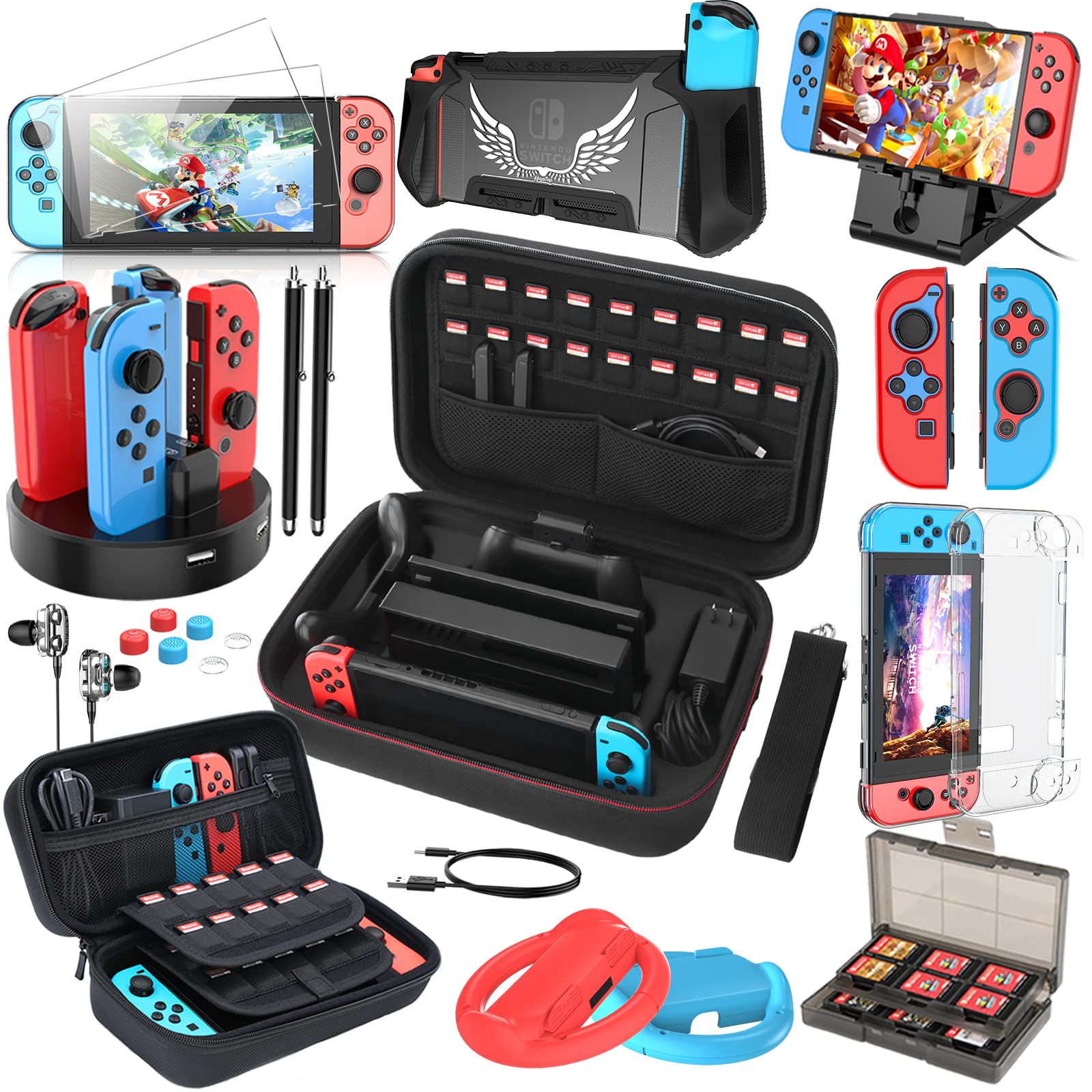 HEYSTOP Compatible with Nintendo Switch Case 23 in 1 Switch Accessories Gift Kit Protective Case Screen Protector Thumb Grip Cap Joycon Charger Wheel Grip TPU Case PlayStand Game Card Box Epic Pack
