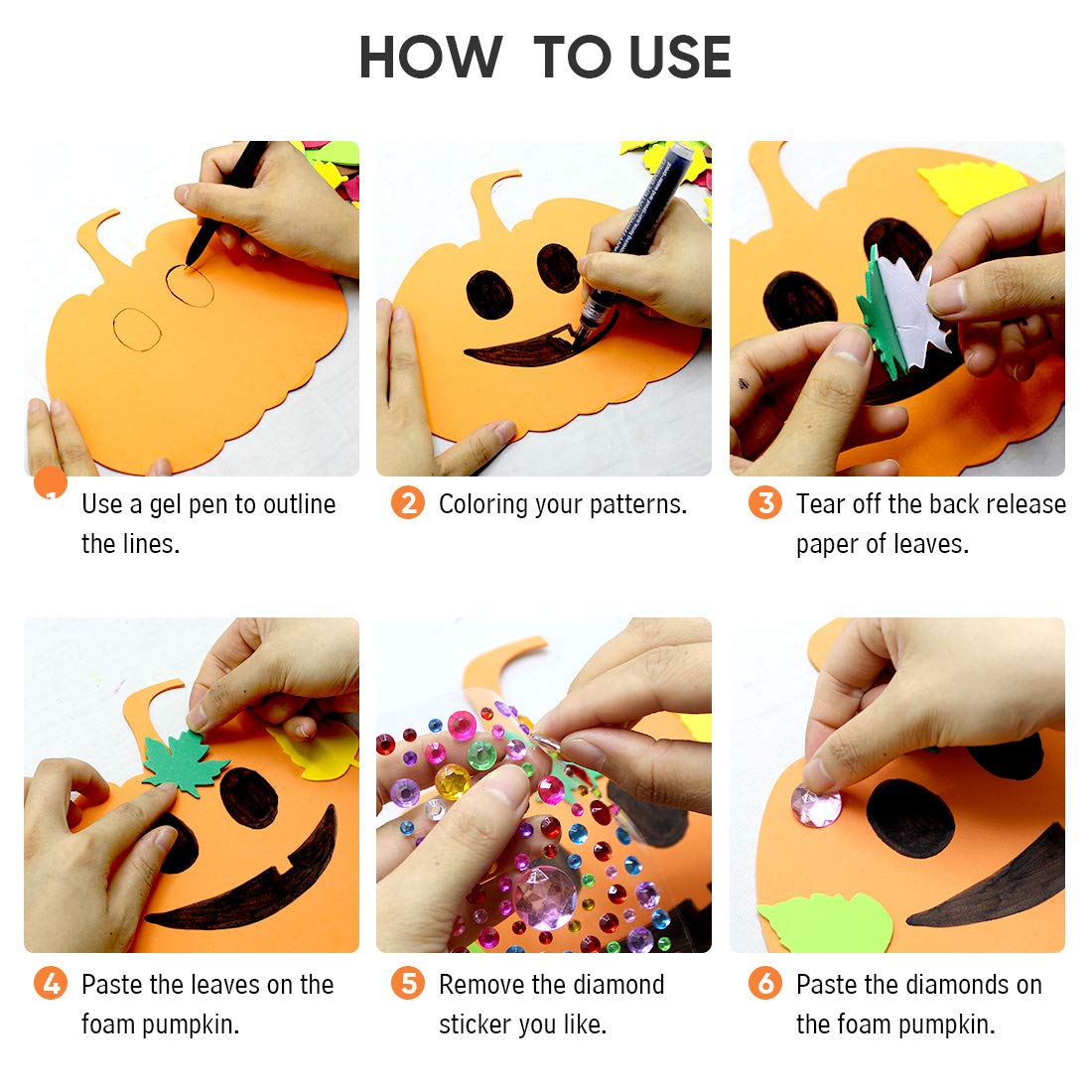 Hifunwu 30Pcs Halloween Foam Pumpkin Craft Kit Decorations with Foam Fall Maple Leaves Rhinestone Stickers for Halloween Thanksgiving Kids Art Crafts Decorations