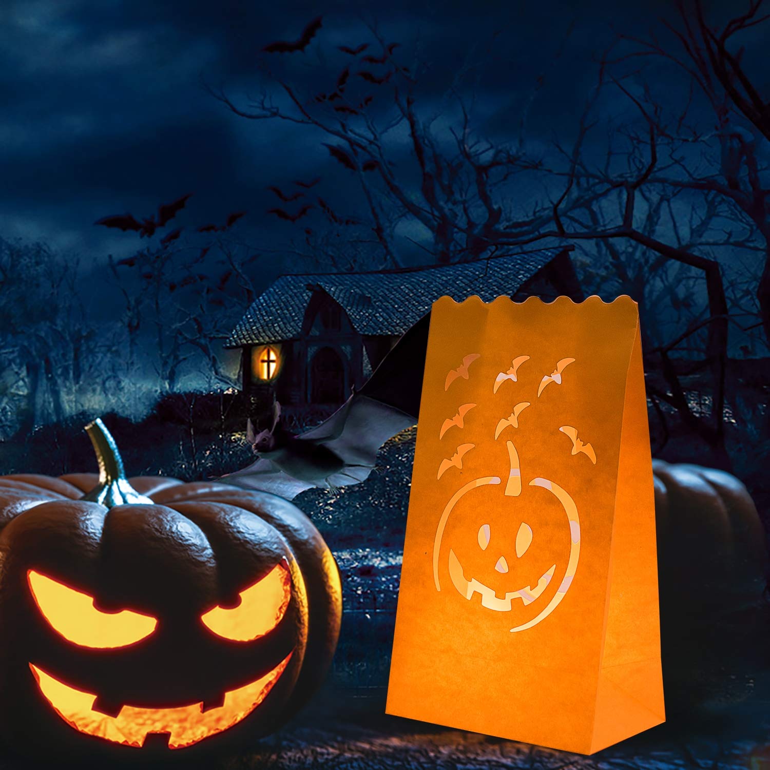Homemory 24 Pack Halloween Luminary Bags, Flame Resistant Luminaries, Orange Tea Light Candle Bags for Halloween Decoration, Parties, Fall Festival