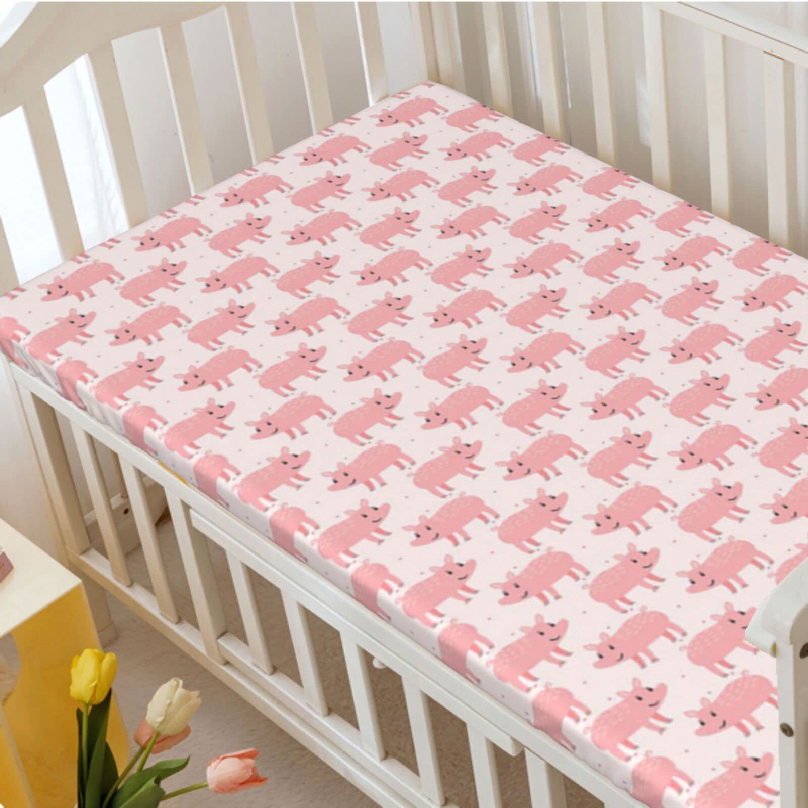 Pig Themed Fitted Mini Crib Sheets,Portable Mini Crib Sheets Soft and Breathable Bed Sheets-Crib Mattress Sheet or Toddler Bed Sheet,24β x38β,Pale Pink and Rose
