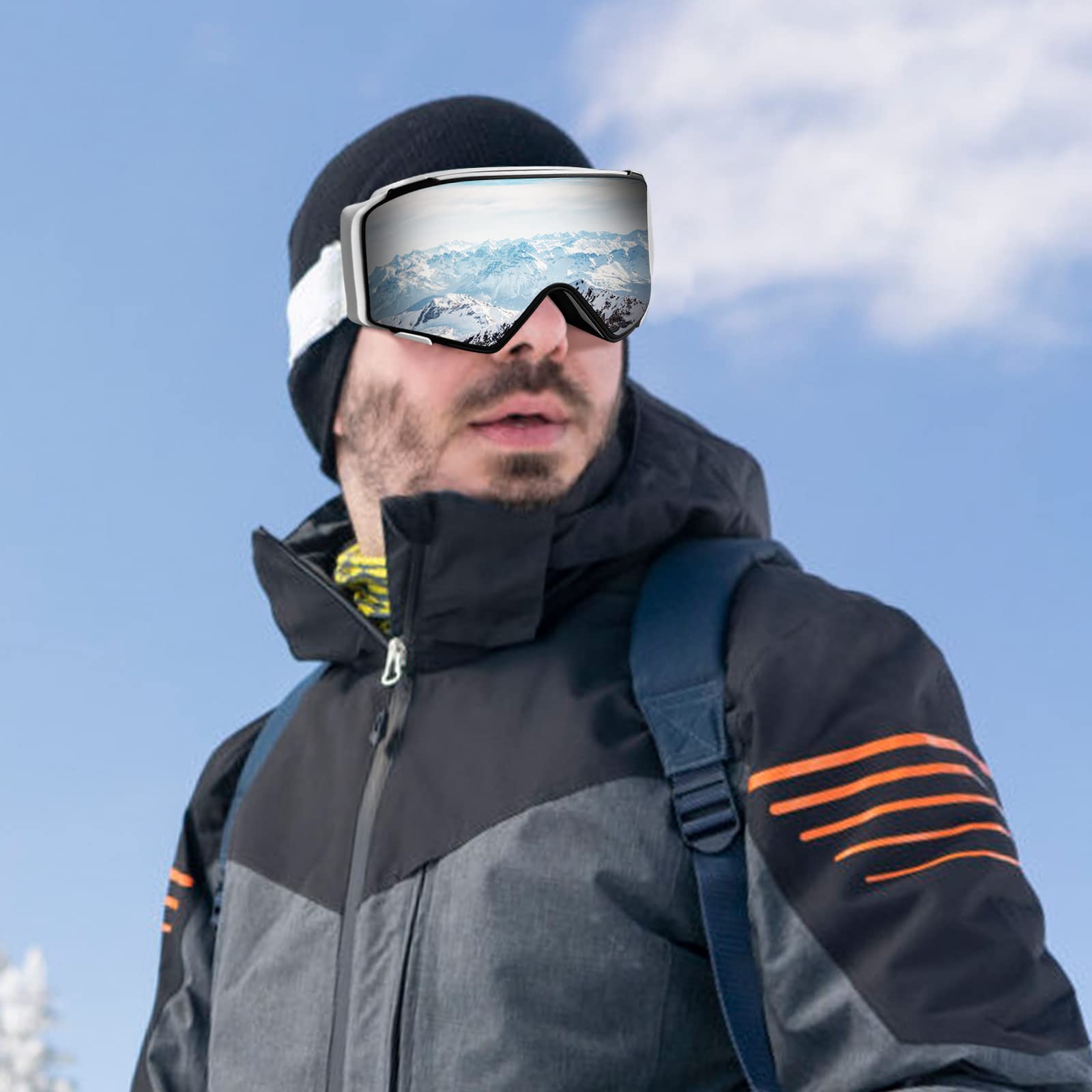 Lqfuhznus Ski Goggles for Men Women, Snowboard Goggles with Column Mirror, ANON M4S Snow Goggles Anti-fog (White)