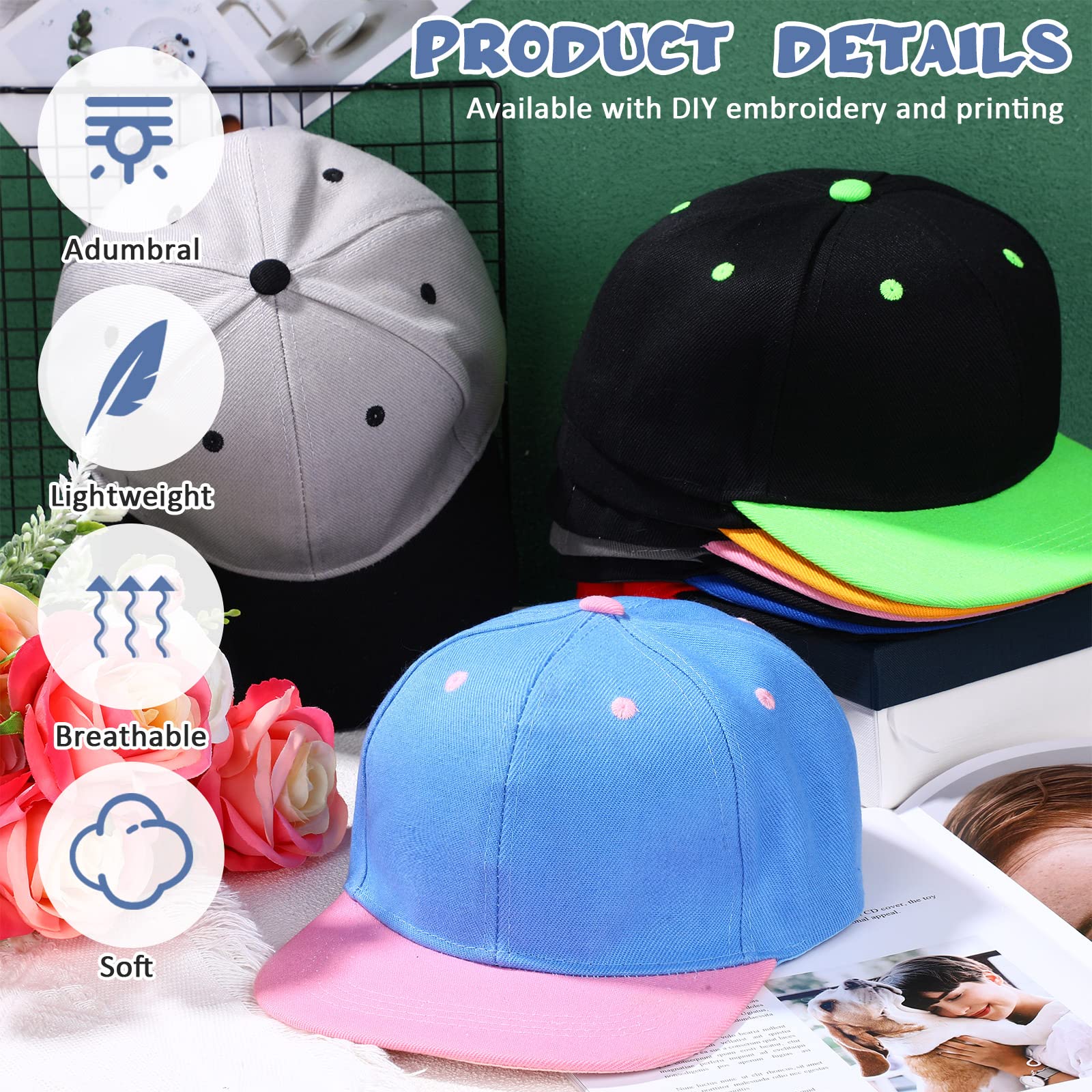 Jiuguva 12 Pack Snapback Hat Cap Solid Color Adjustable Snapback Hat Hip Hop Style Baseball Cap Flat Brim Blank Snapback Hats for Men Women