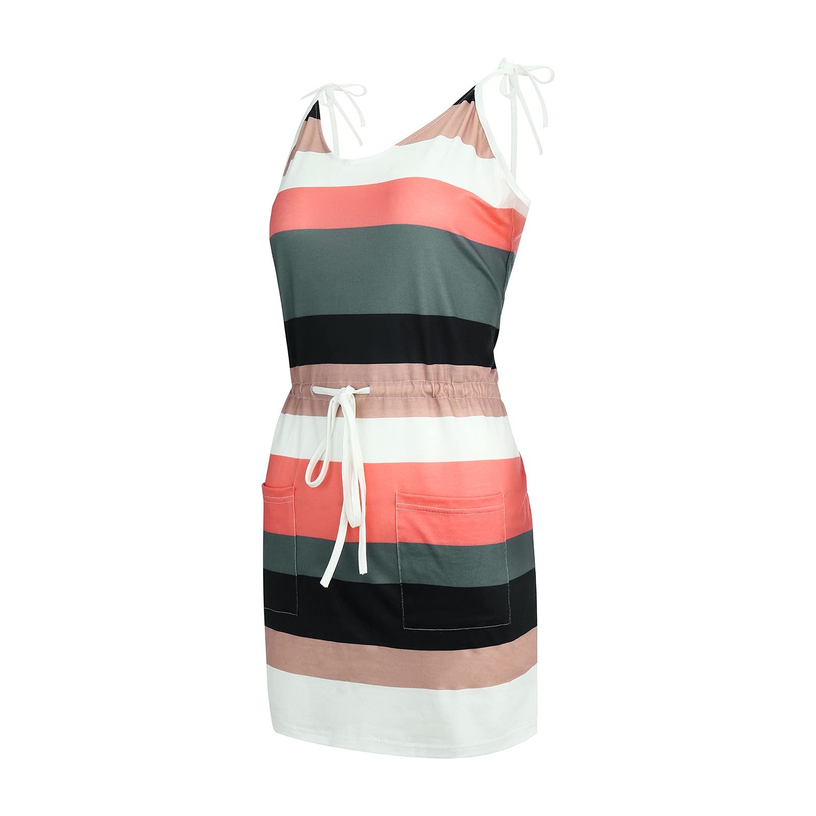 Keepfit Women Striped Mini Dress Drawstring Belt Lace Ups Straps Scoop Neck Spring Summer Sling Dress with Pockets Army Green