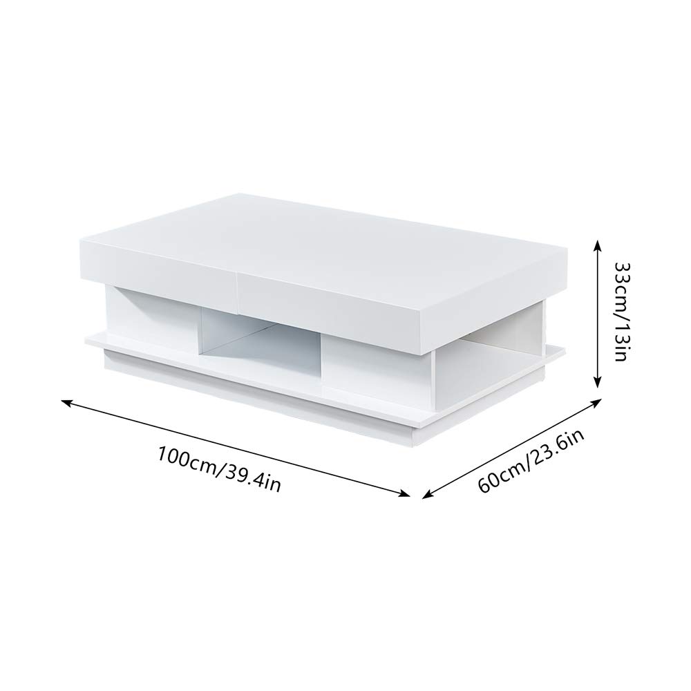 HomeSailing Living Room High Gloss Coffee Table White with 2 Storage Drawers, Wooden Coffee Sofa End Table Side Tea Table Wood Frame Rectangular for Home Office Waiting Reception Furniture