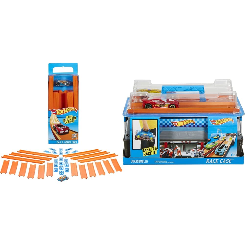 Hot Wheels Track Builder Straight Track with Car AND Hot Wheels Race Case Track Set