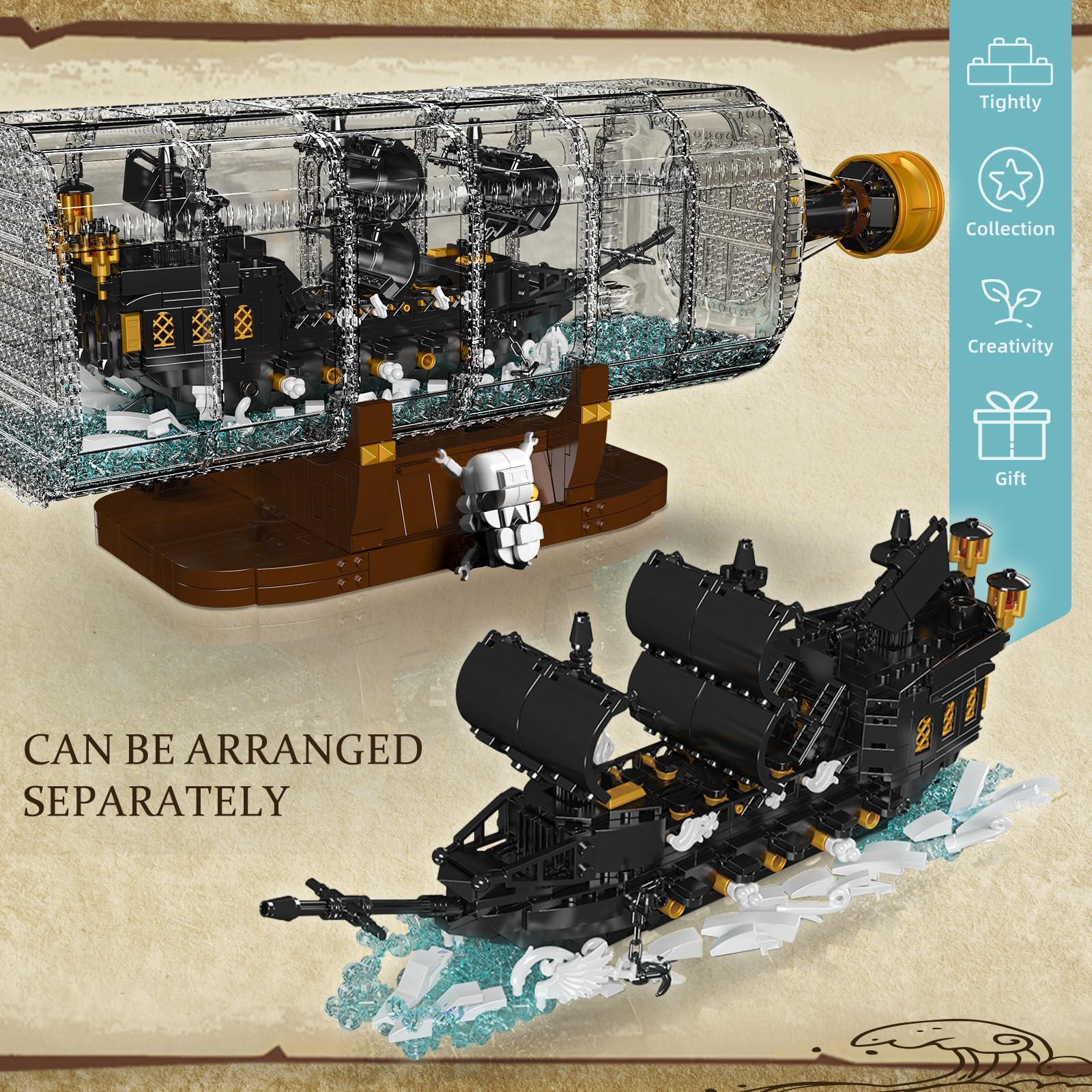 Mould King 13083 Pirates Ship in a Bottle Building Blocks Kits, MOC Pirate Ship Model Building Sets, Gift for Kids Age 8+/Adults Collections Enthusiasts(1288 Pieces)-Pirate Ship