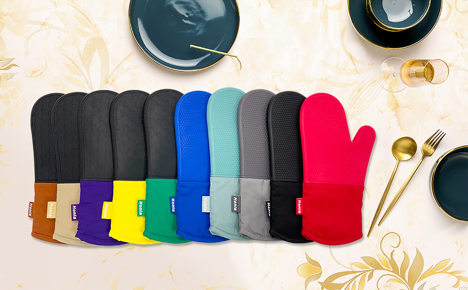 Honla Silicone Oven Mitts,Heat Resistant to 500 F,1 Pair of Non Slip Kitchen Oven Gloves for Cooking,Baking,Grilling,Barbecue Potholders,Black