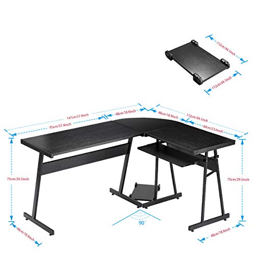 HEEYUE Computer Desk, L-Shaped Large Corner PC Laptop Study Table Workstation Gaming Writing Desk with Keyboard Tray for Home Office - Free CPU Stand - Wood & Metal - Black Wood Grain