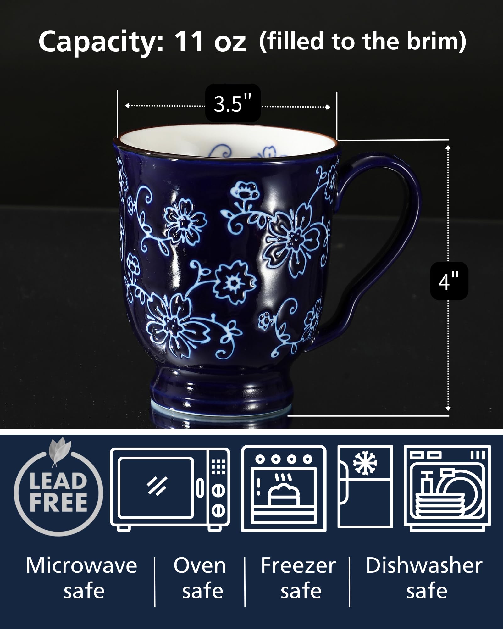 KUNABOO Artisanal Ceramic Mugs, Ceramic Coffee Cups, Coffee Mug Set of 2-11 oz -Sakura Floral Series Midnight Blue - Ready to Wrap Gift