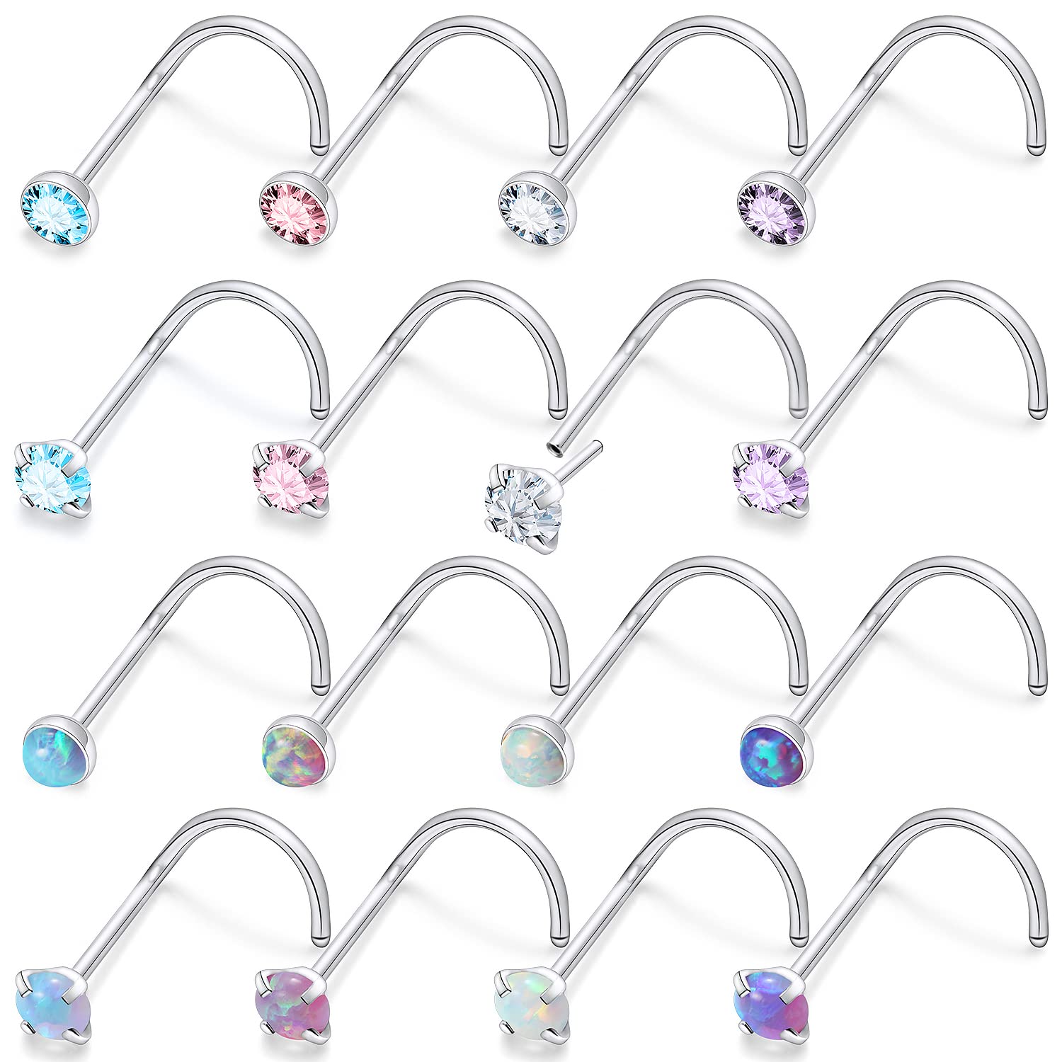 Lsnevsie Push in Nose Ring Stud for Women 20G Surgical Stainless Steel Screw Twist Spiral Corkscrew Silver Hypoallergeni Cute Threadless Opal Nose Stud Ring Hook Piercing Jewelry Set Men Diamond 2mm