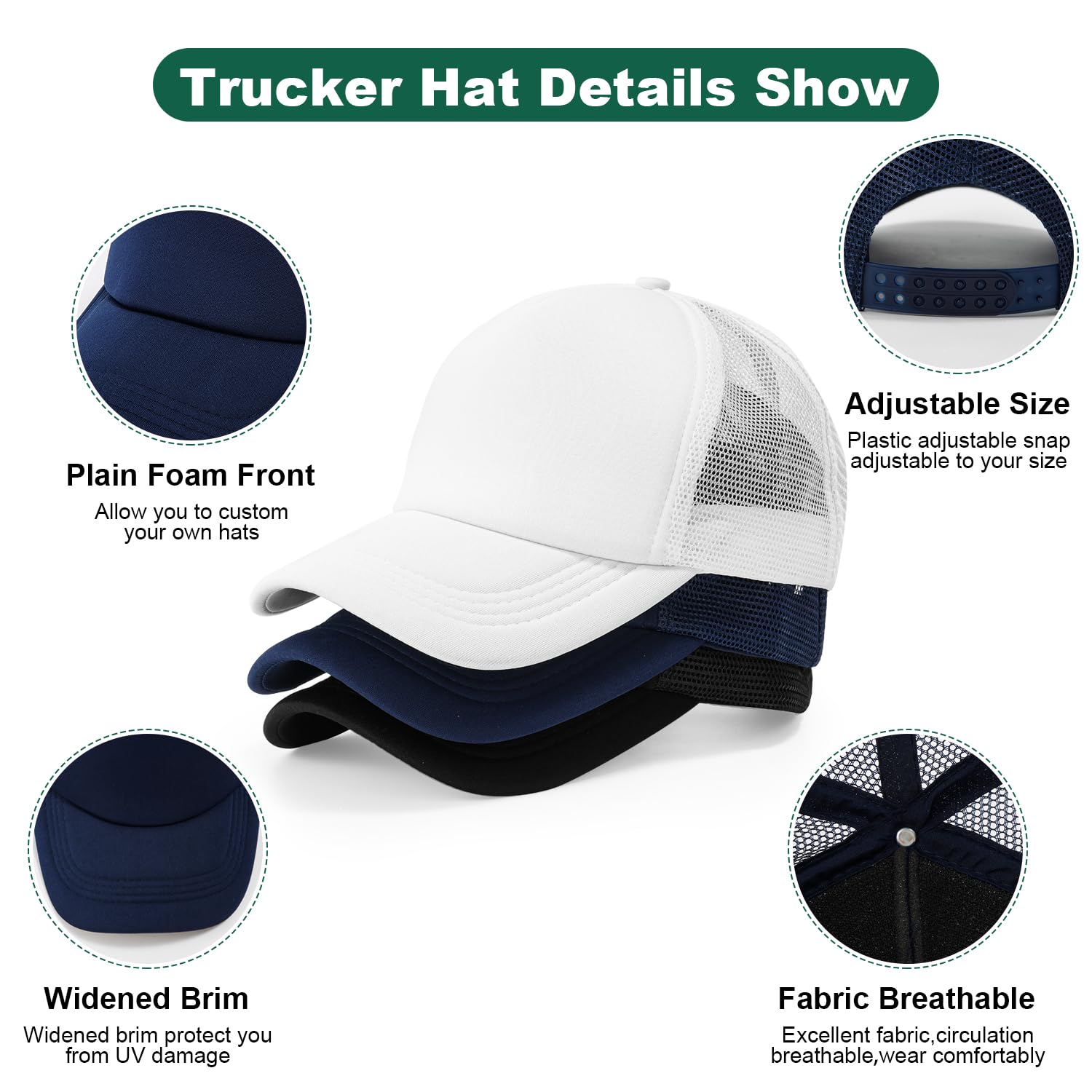 MEINICY Foam Trucker Hat for Men Women 5 Panel Plain Front Mesh Back Cap Snapback Baseball Cap Classic Trucker Hat Black+White+Navy Blue