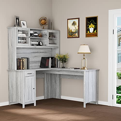 HOMCOM L-Shaped Desk with Hutch, Computer Desk with Drawers, Home Office Corner Desk Study Workstation Table with Storage Cabinets Shelves, Grey