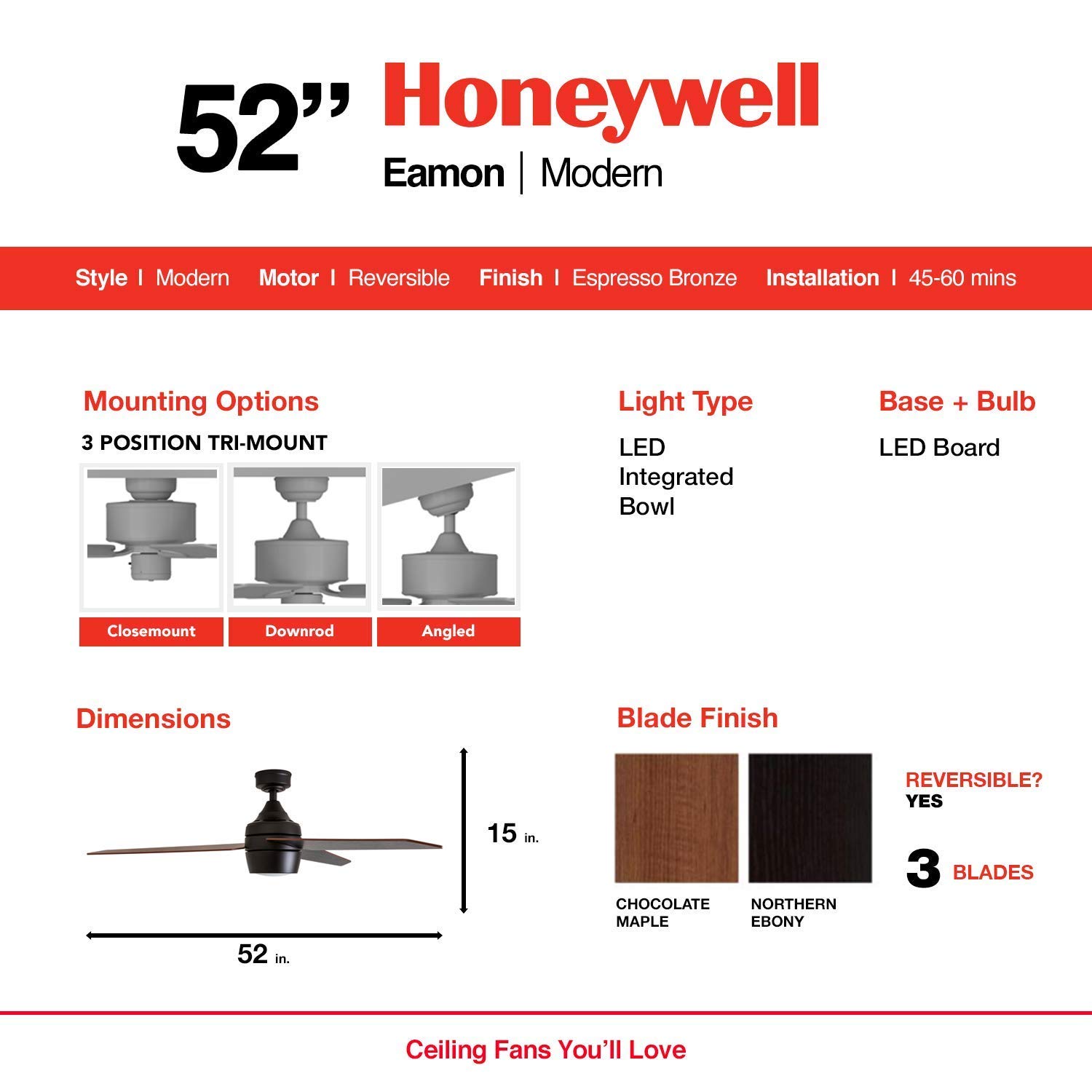 Honeywell Ceiling Fans 50603 Eamon Modern Ceiling Fan with Remote Control, 52β, Bronze (Renewed)