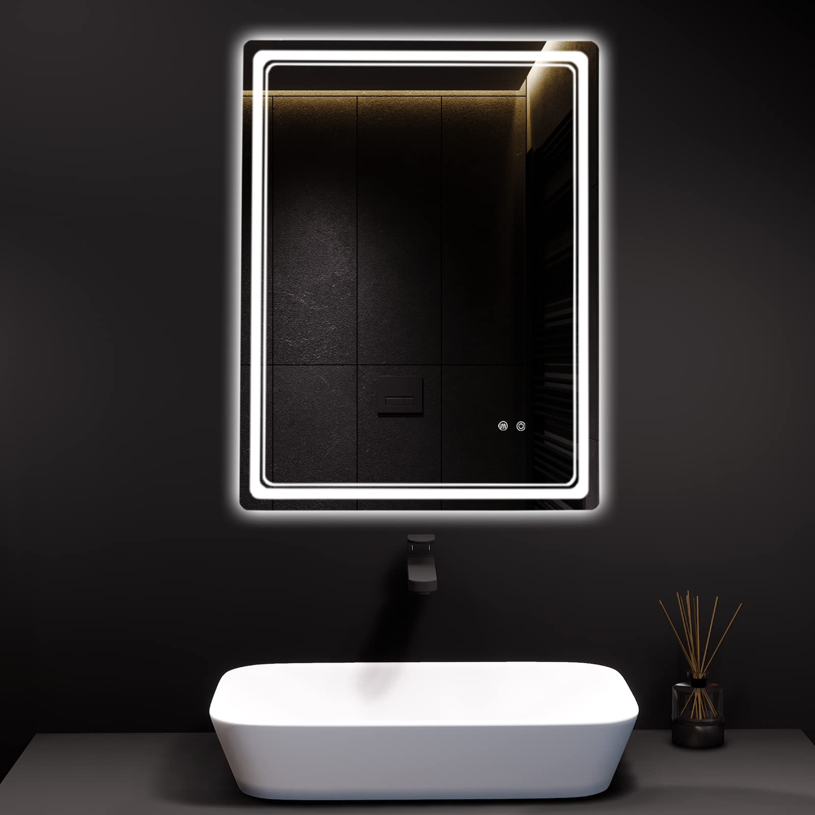 HOMECOOKIN Wall Mount 20x28 inches LED Mirror, Bathroom, Rectangular, Aluminum, Modern, Anti-Fog, Adjustable 3 Colors, Backlit