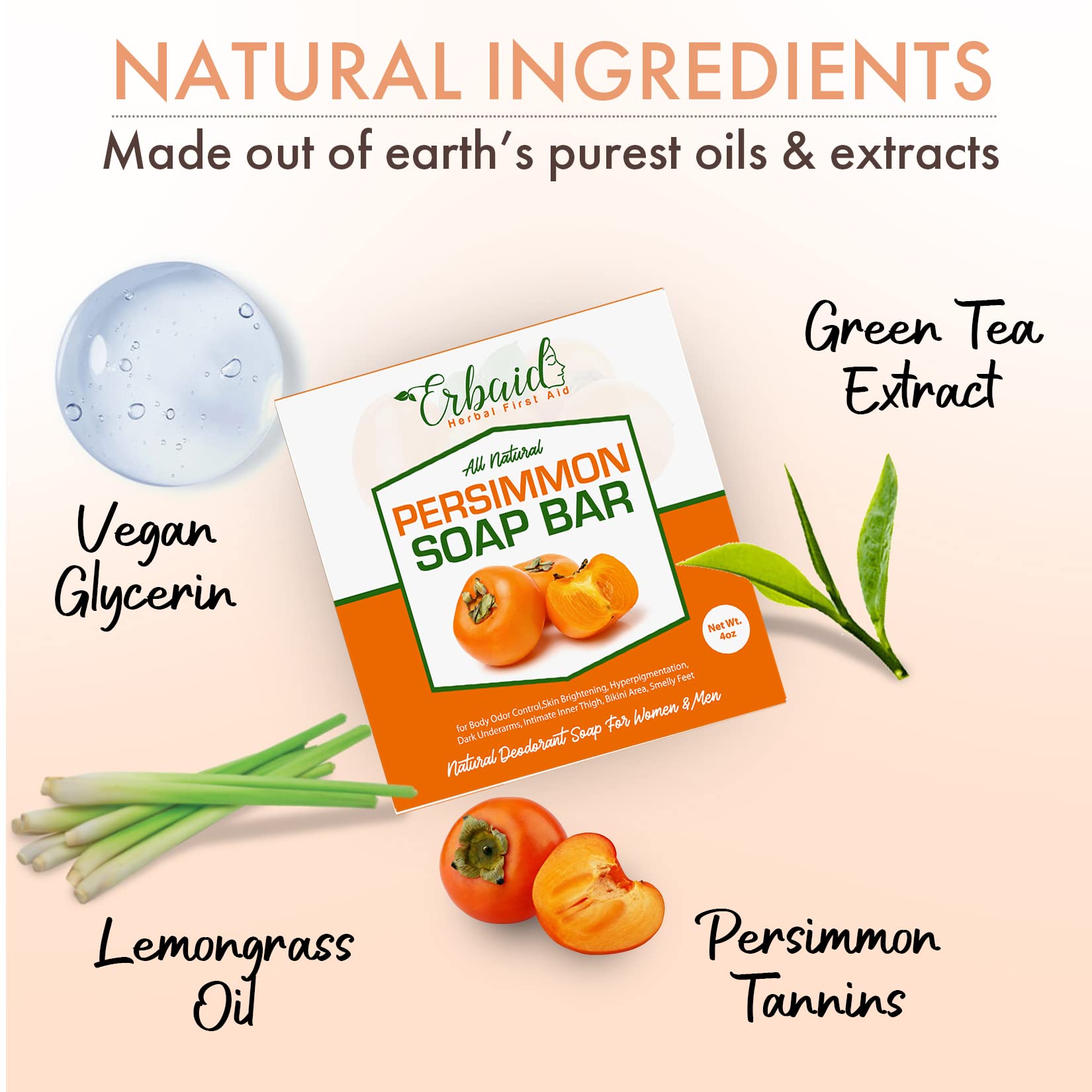 Persimmon Soap Bar for Body Odor Control β Purifying Deodorizing Body Wash with Japanese Persimmon & Green Tea Extract for Eliminating Nonenal Body Odor β Deodorant Soap Great for Skin Brightening