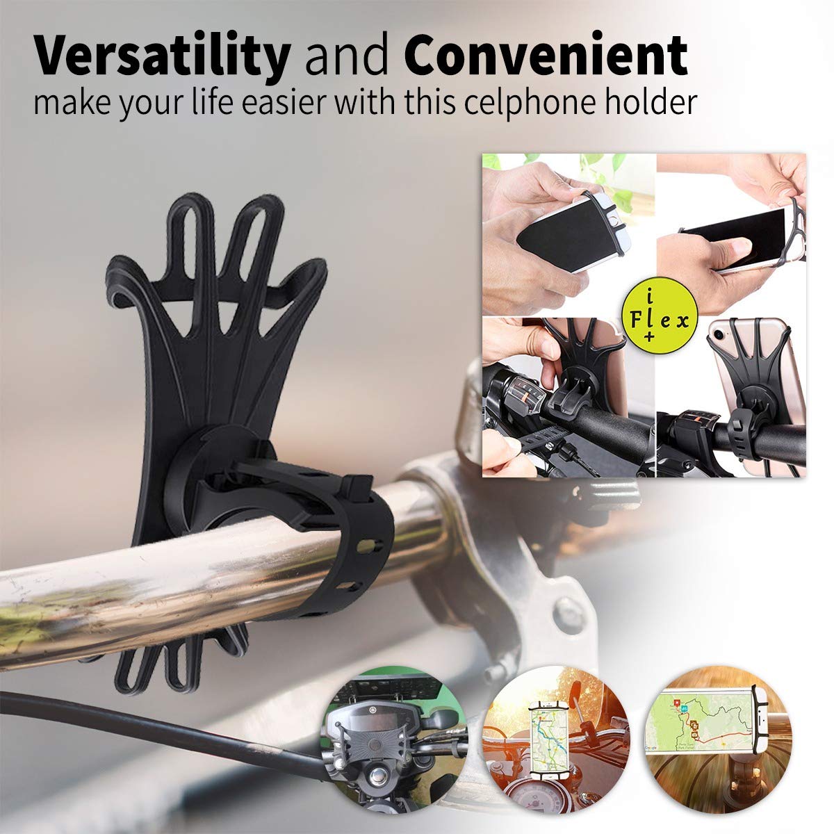 iFlexplus Bike Phone Holder for iPhone 12 Pro/12 mini/12/11 Pro Max/XR/8, Samsung S20/S10, Adjustable Universal Silicone Phone Mount for Bicycle/Stroller/Handlebar Accessories (1 Pack)