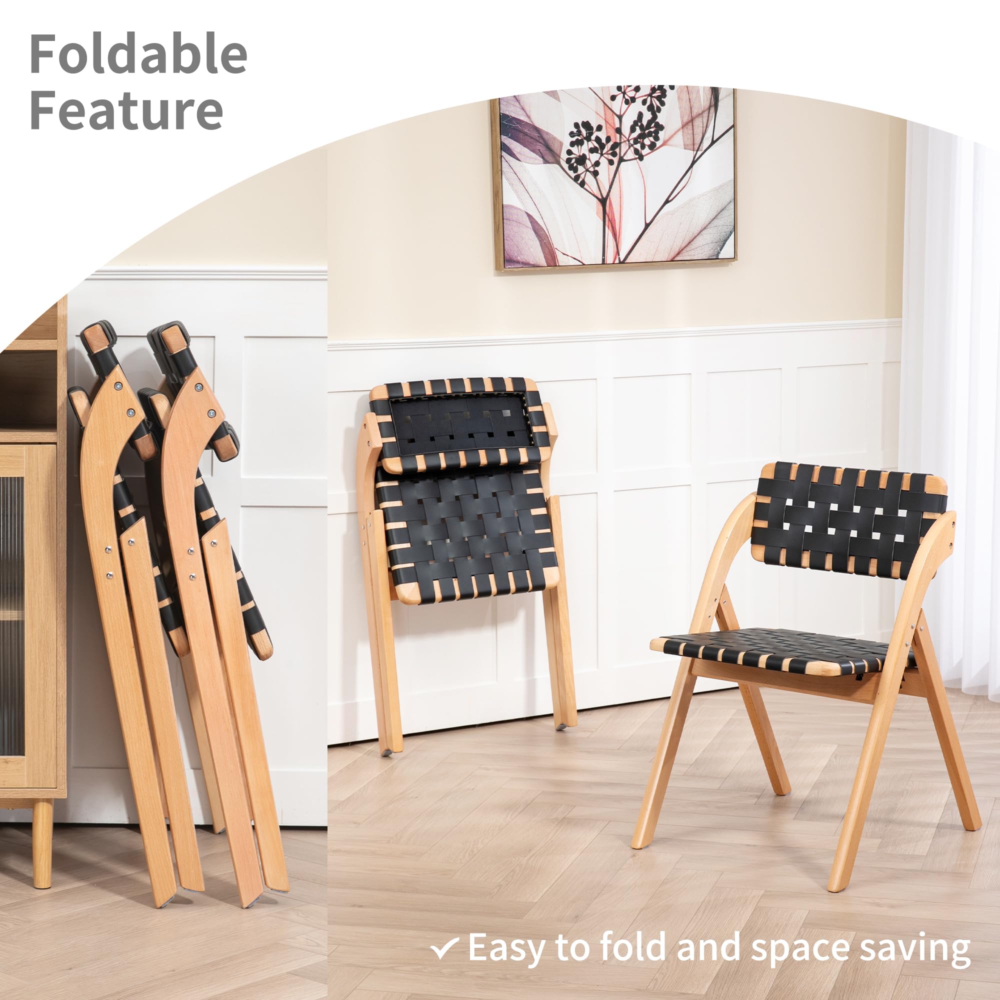 HOMEFUN PU Folding Chairs with Padded Seats, Wooden Stackable Dining Chairs Set of 2 Assembled Folding Extra Chair for Guests Kitchen Office Wedding