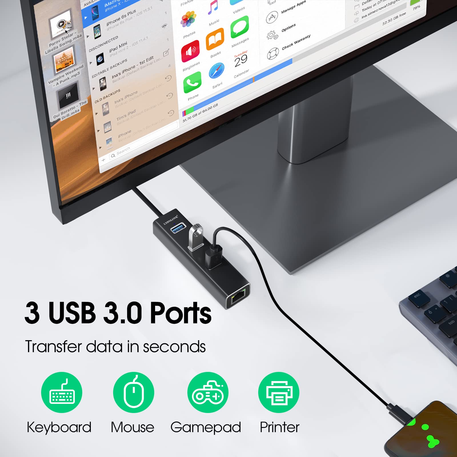 LYFNLOVE USB Hub with Ethernet, 3-Port USB 3.0 Hub Splitter with USB C Adapter, Aluminum USB to Ethernet Adapter + Multi USB Port Extender Hub for MacBook Pro/Air, iMac, Laptop