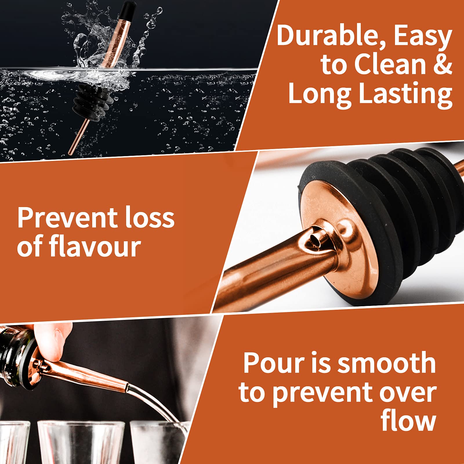 Liquor Bottle Pourers - Stainless Steel Classic Bottle Pourers with clean bursh, Rustproof Metal Alcohol Pouring Tubes For Bars, Clubs, Restaurants & Home Use (Copper) (24 pack)