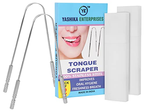Yashika Enterprises Tongue Scraper with 2 Travel Cases, Reduce Bad Breath, 100% Stainless Steel Tongue Cleaners, Tongue Scrapers Fresher Breath in Seconds Pack of 2