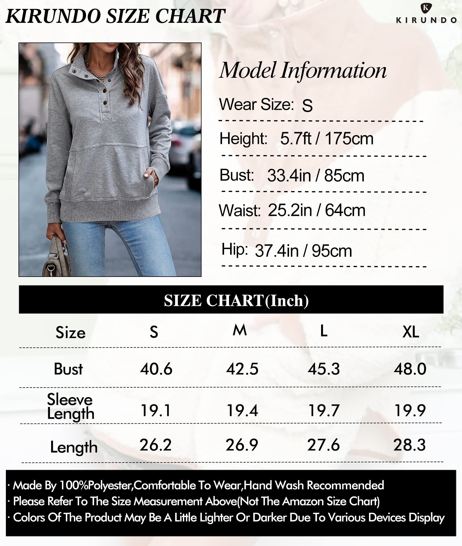 KIRUNDO Womens Sweatshirt Casual Spring Fall Long Sleeve Henley Button V Neck Lightweight Sweatshirts Ribbed Loose Pullover Tops(Light Grey, Medium)