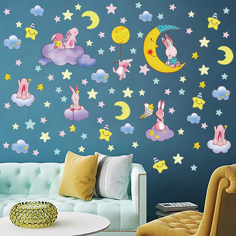 MESU Glow in The Dark Wall Decals Luminous Moon Stars Stickers Rabbit for Kids Bedroom Ceiling Decorate Starry Sky Star Rabbit
